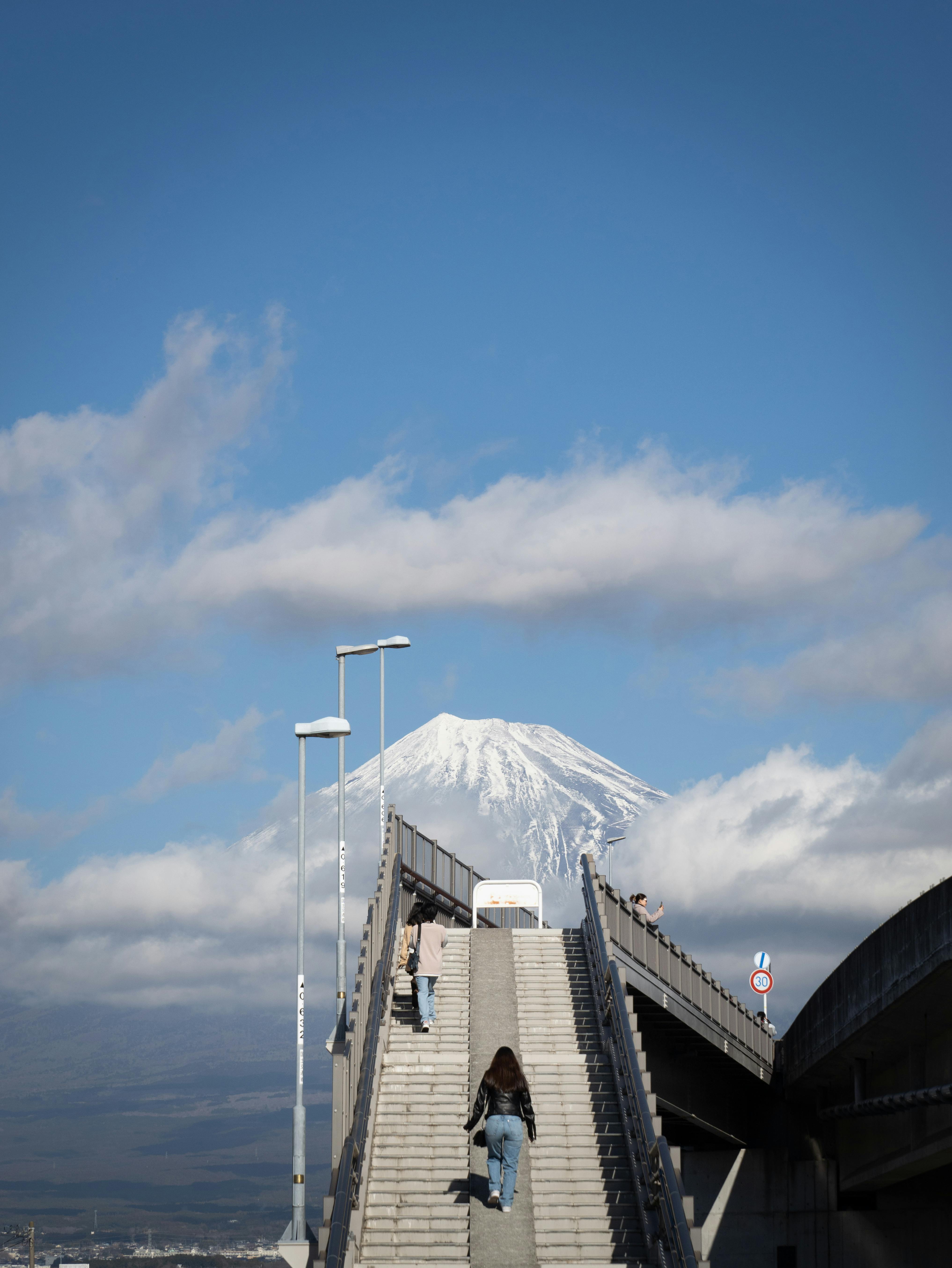People Walking Up the Stairs with Mount Fuji in the Distance · Free ...
