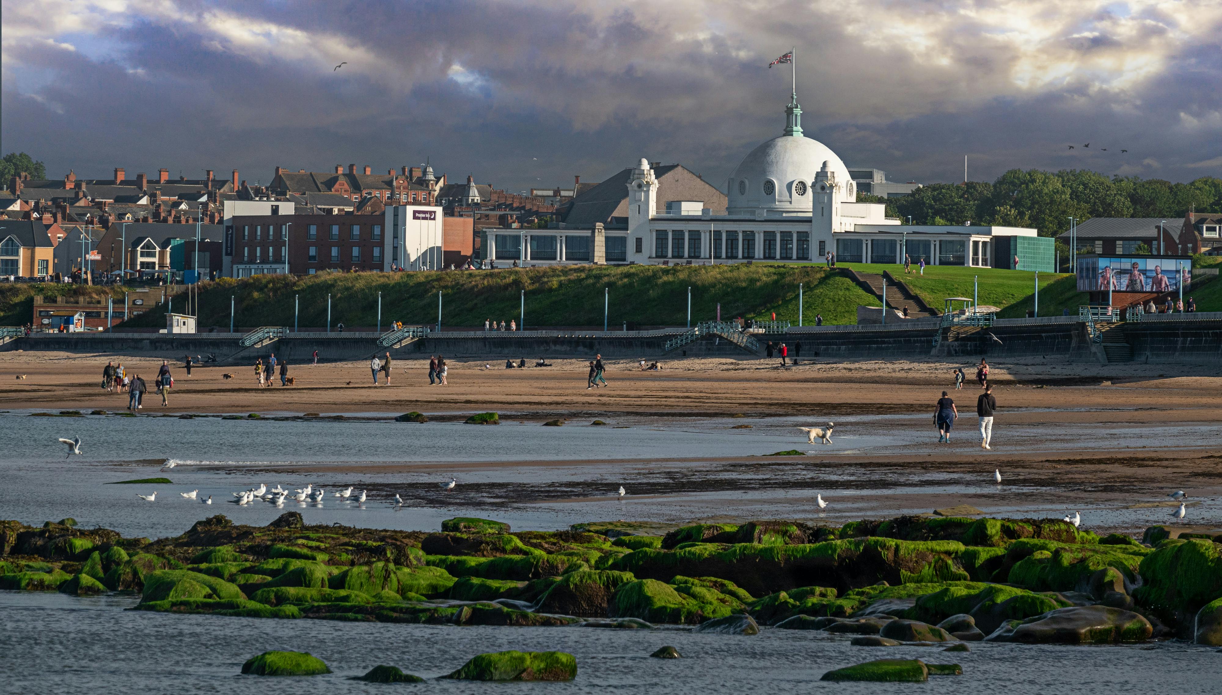 View of the Beach and Waterfront Buildings in Whitley Bay, England, UK ...