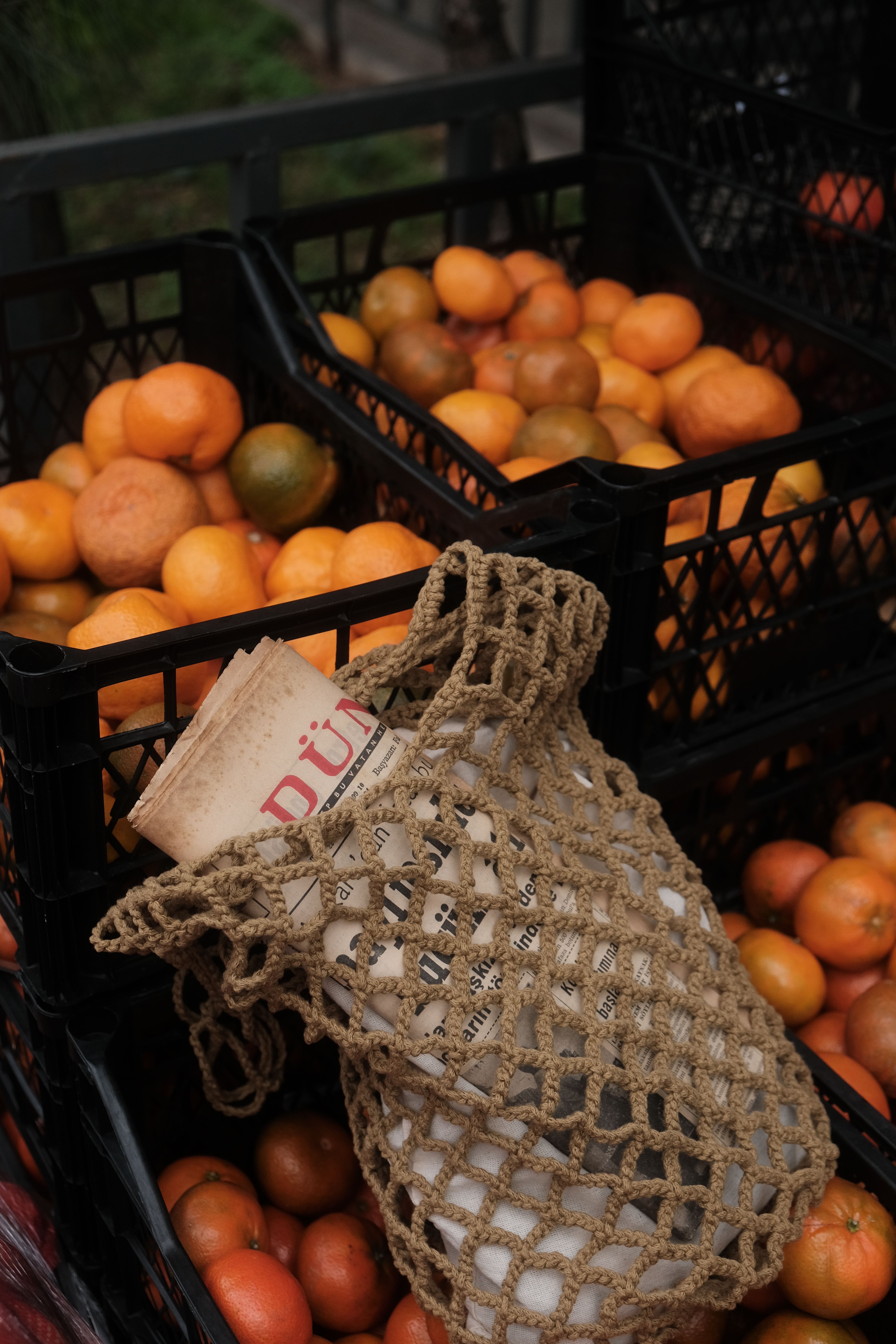 Shopping Bag on Plastic Crates with Tangerines · Free Stock Photo