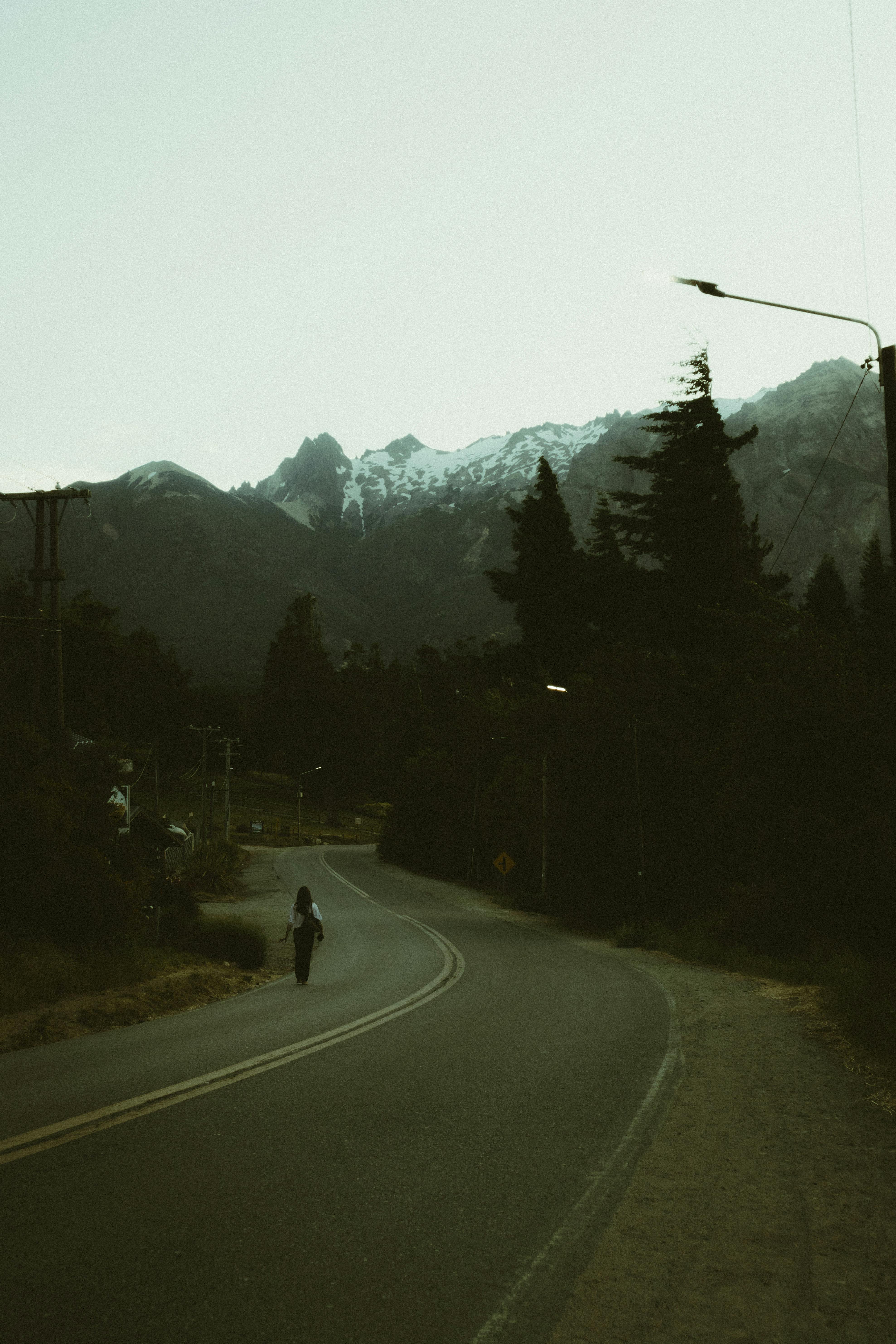 Person Walking Alone on Road in Forest Near Mountain · Free Stock Photo