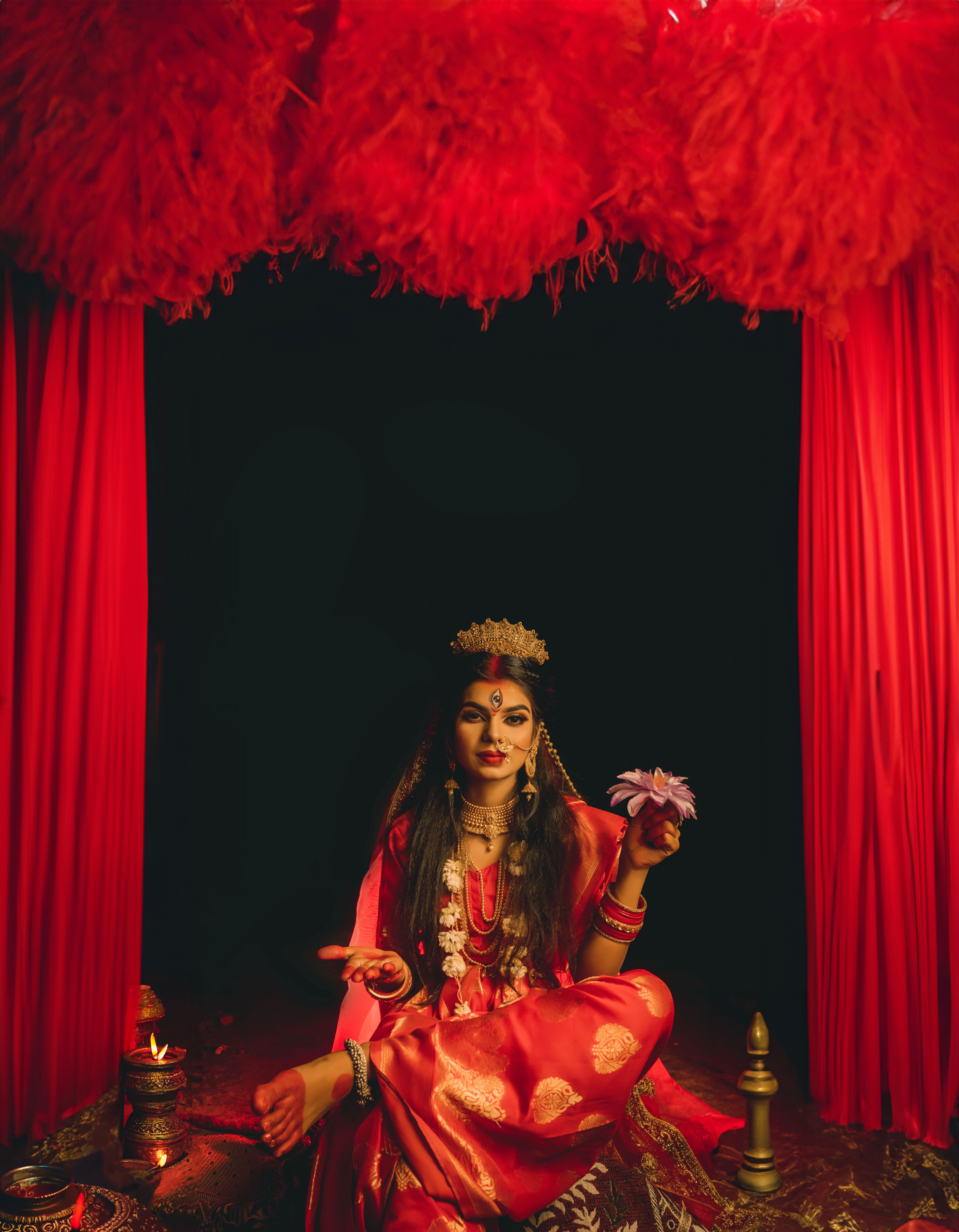 Woman in Red Glamour Dress between Red Curtains · Free Stock Photo