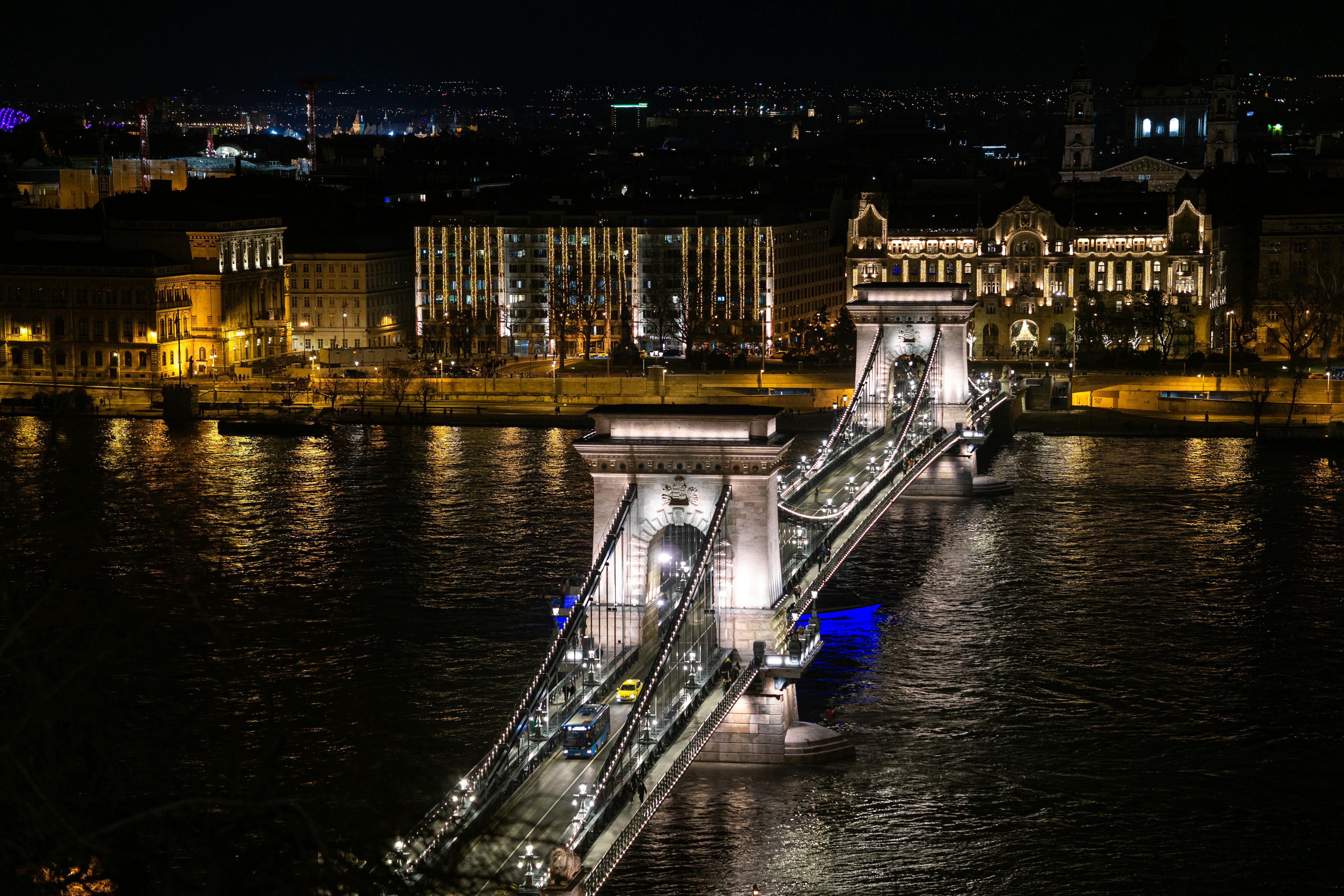Aerial View of Illuminated Szechenyi Chain Bridge over the River Danube ...