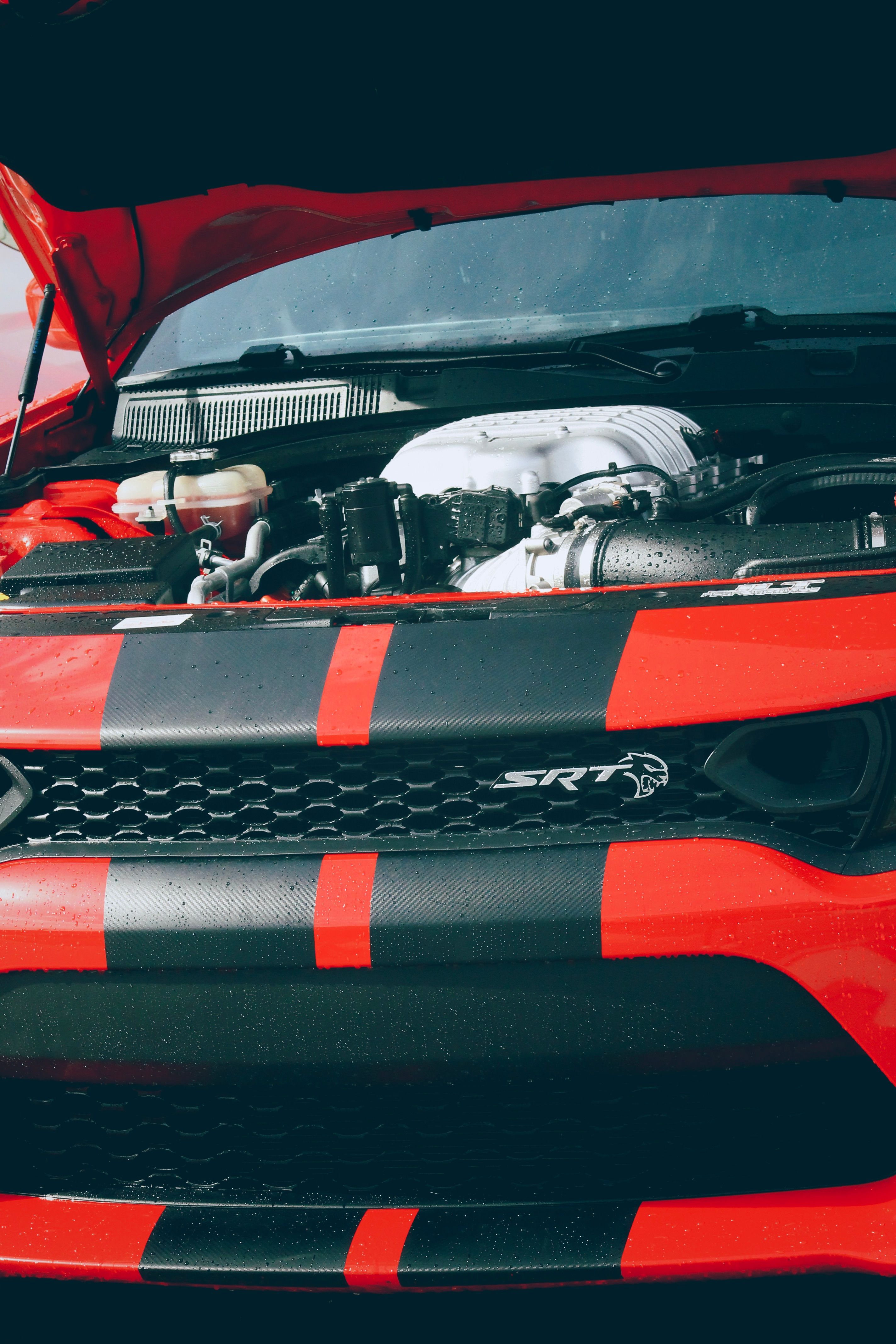Close up of Red, Striped Dodge Challenger SRT with Open Hood · Free ...