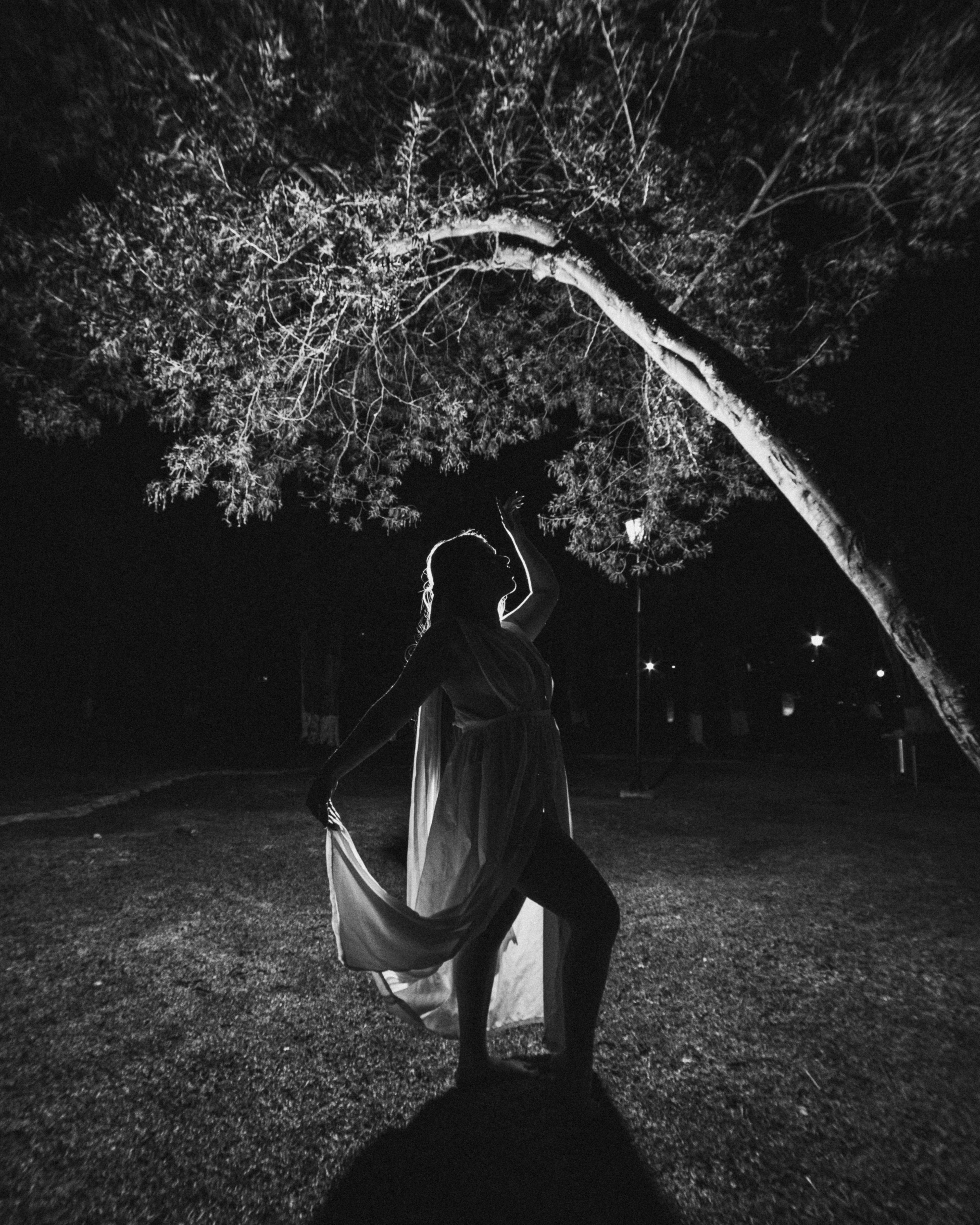 Woman in Dress Posing under Tree at Night · Free Stock Photo