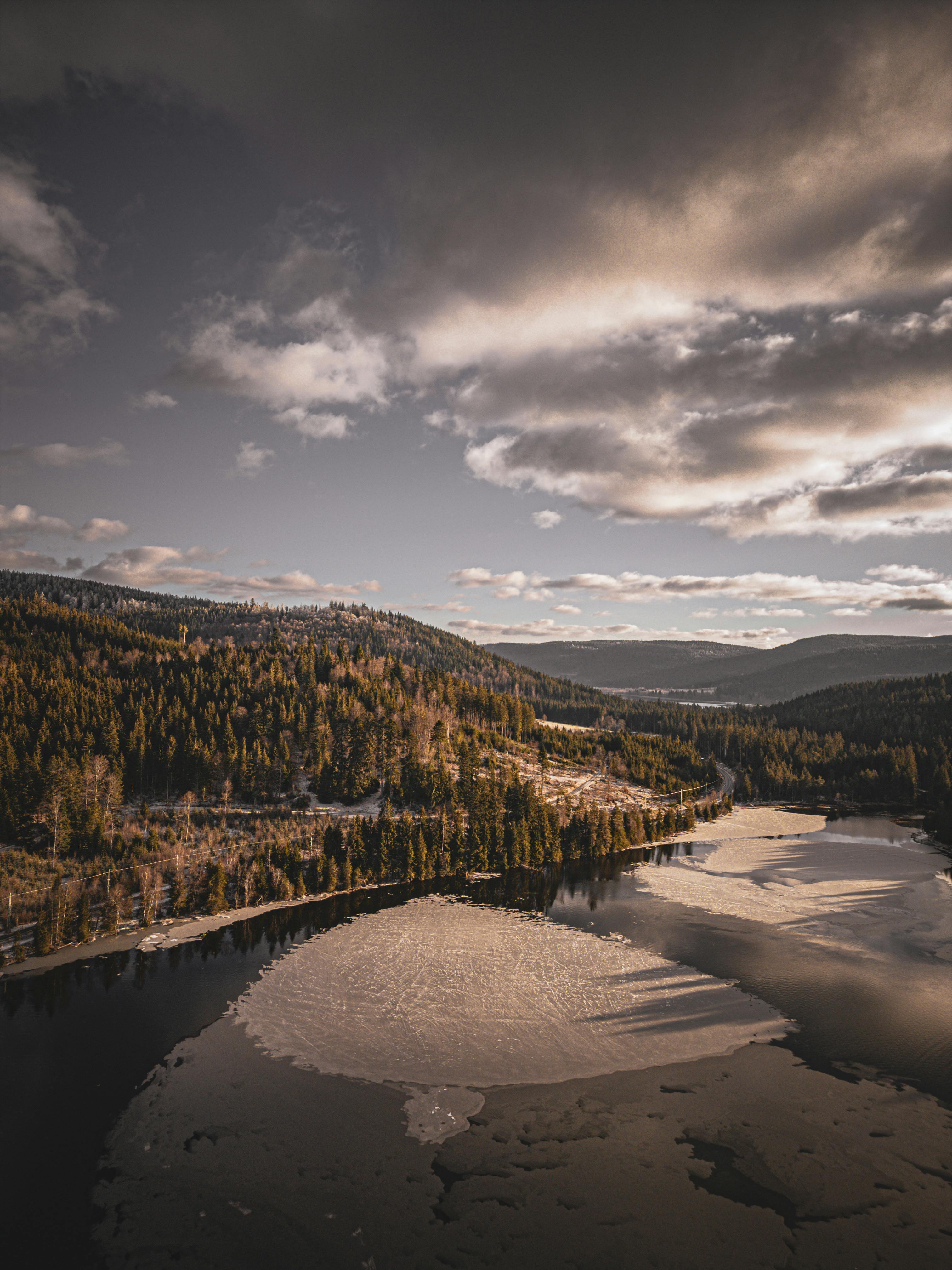 Aerial Photography of a Frozen Lake and a Forest in Winter · Free Stock ...