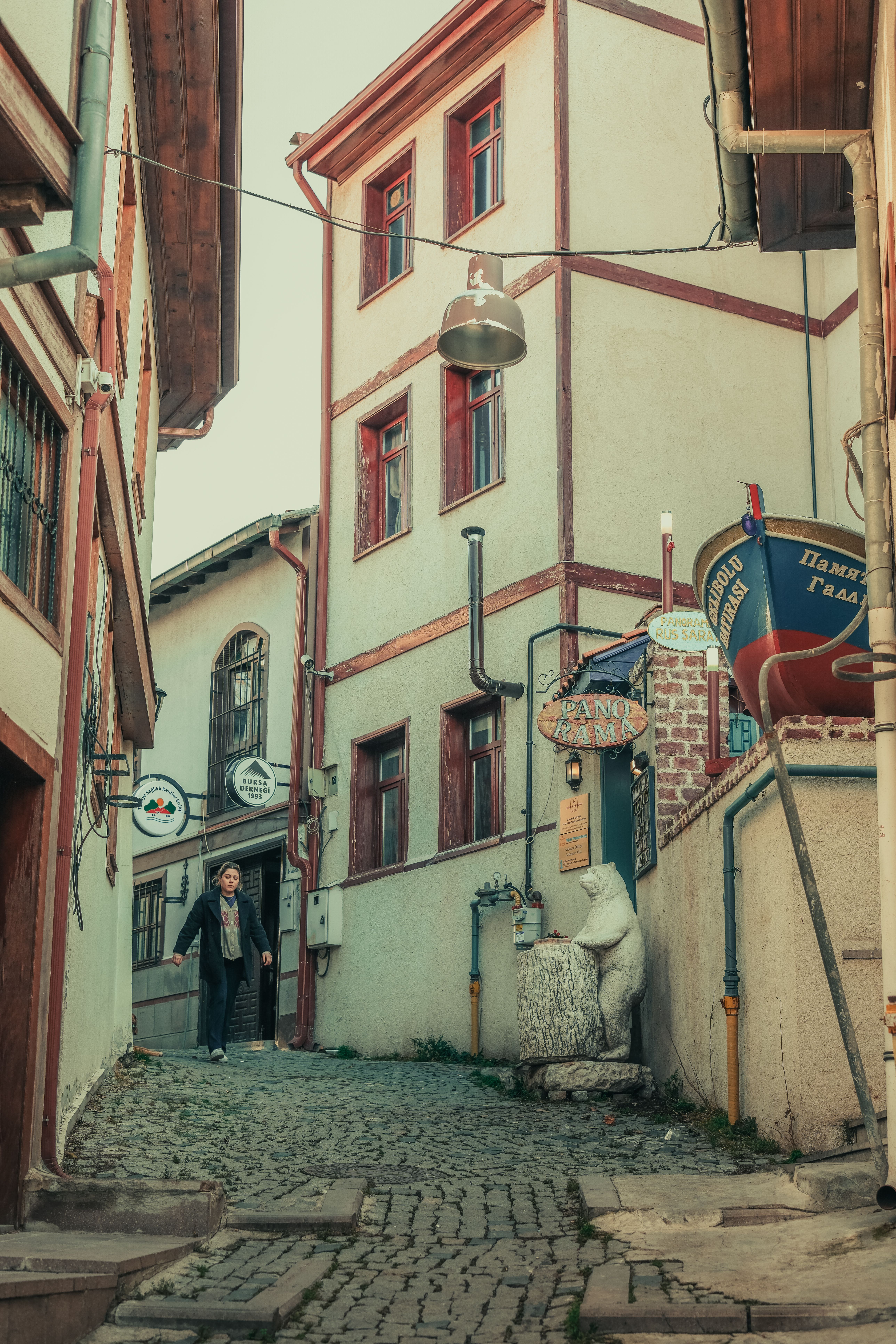A Pedestrian Walking Down a Narrow Alley between Houses in a Turkish ...