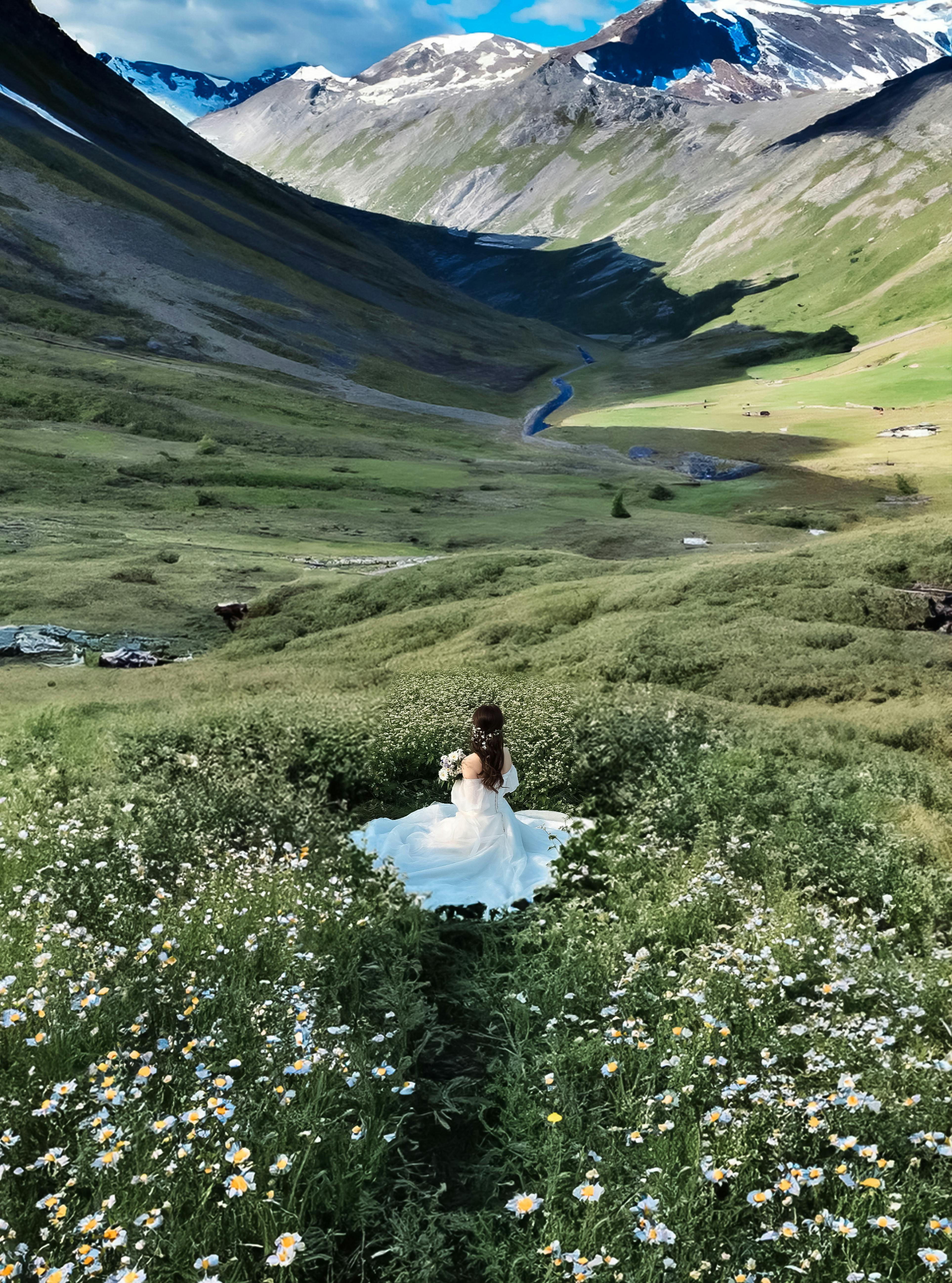 bridal sitting in the meadows of flowers beyond the beautiful mountains ...