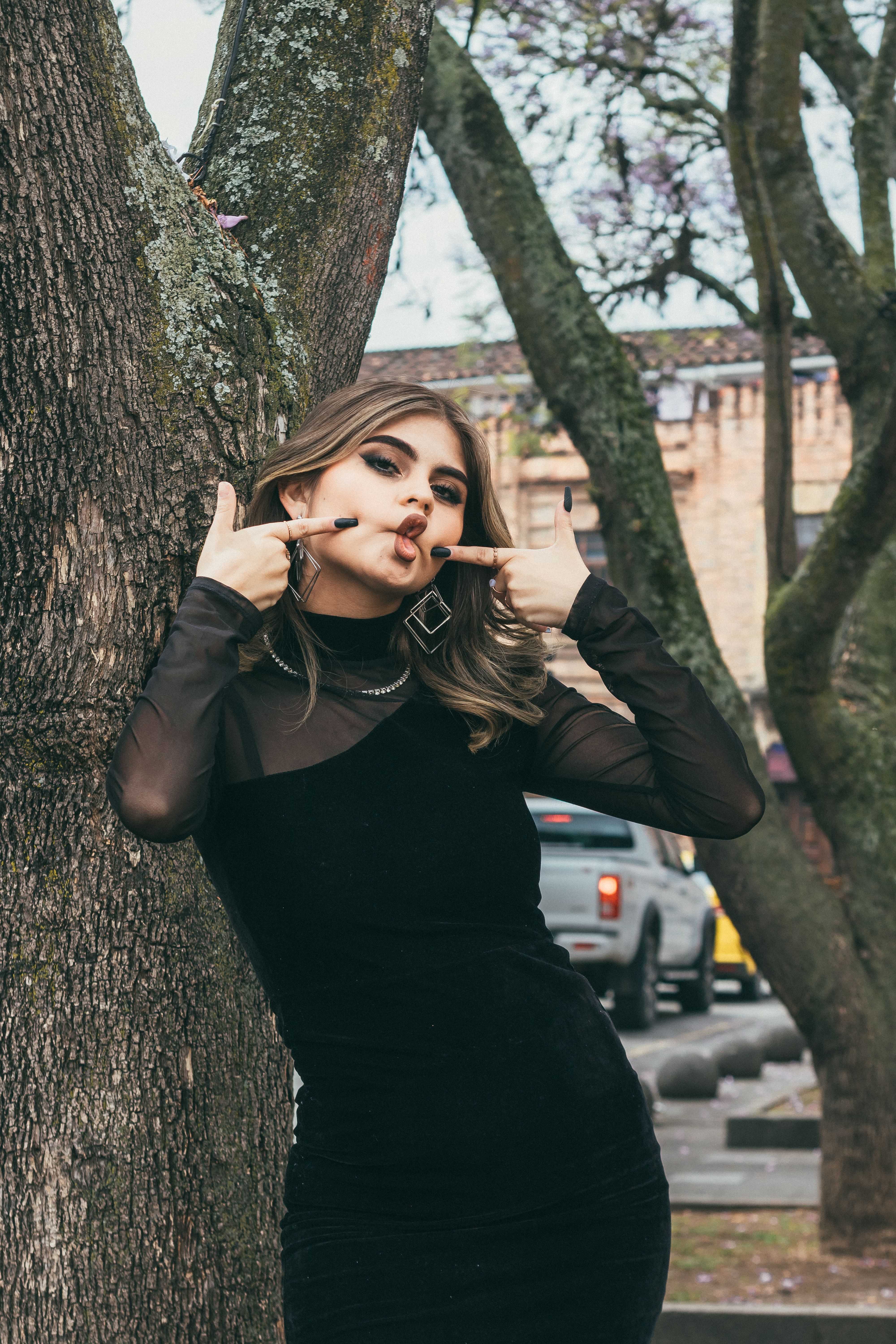 Portrait of Woman with Fingers on Cheeks · Free Stock Photo