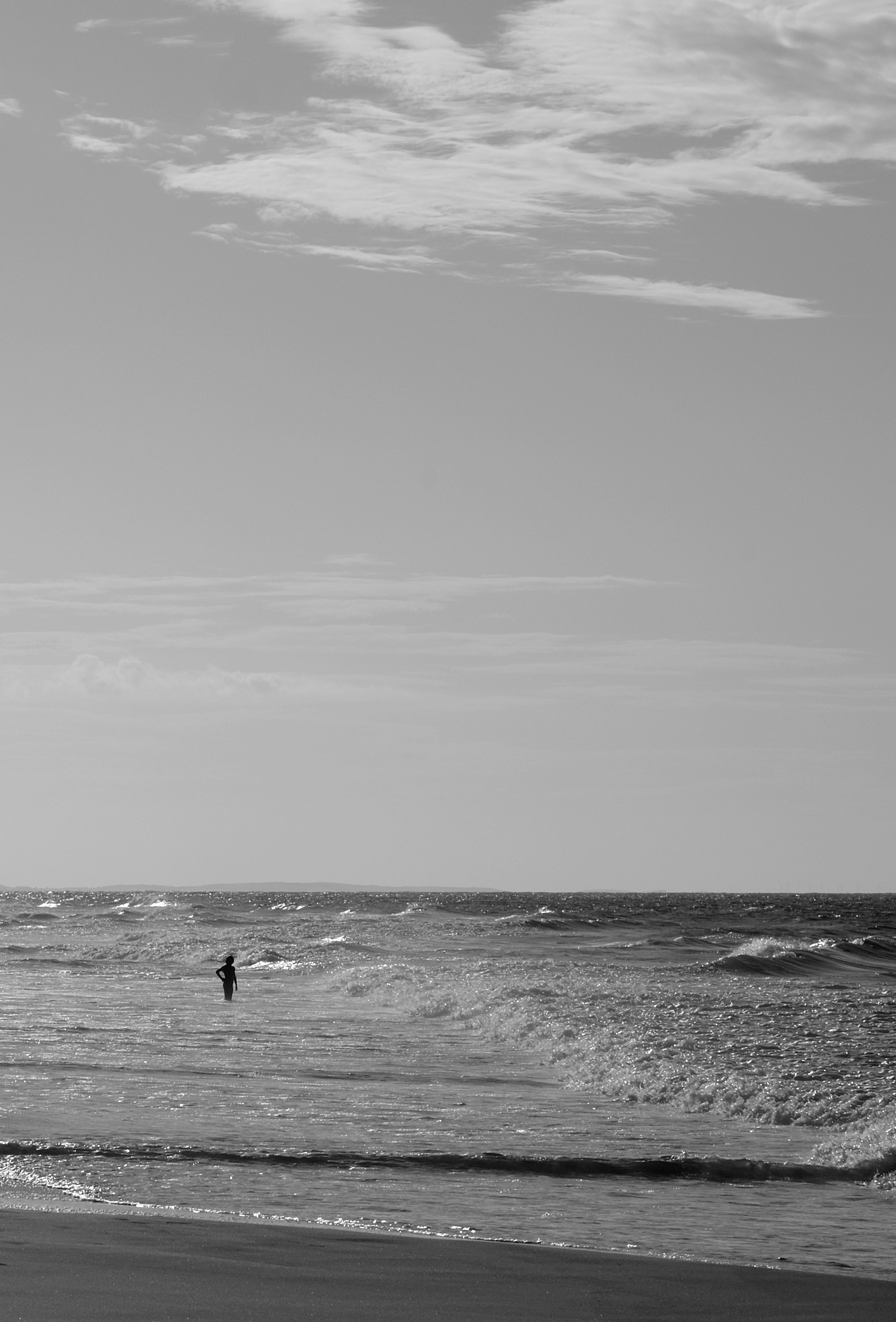 Person Standing on Sea Shore in Black and White · Free Stock Photo