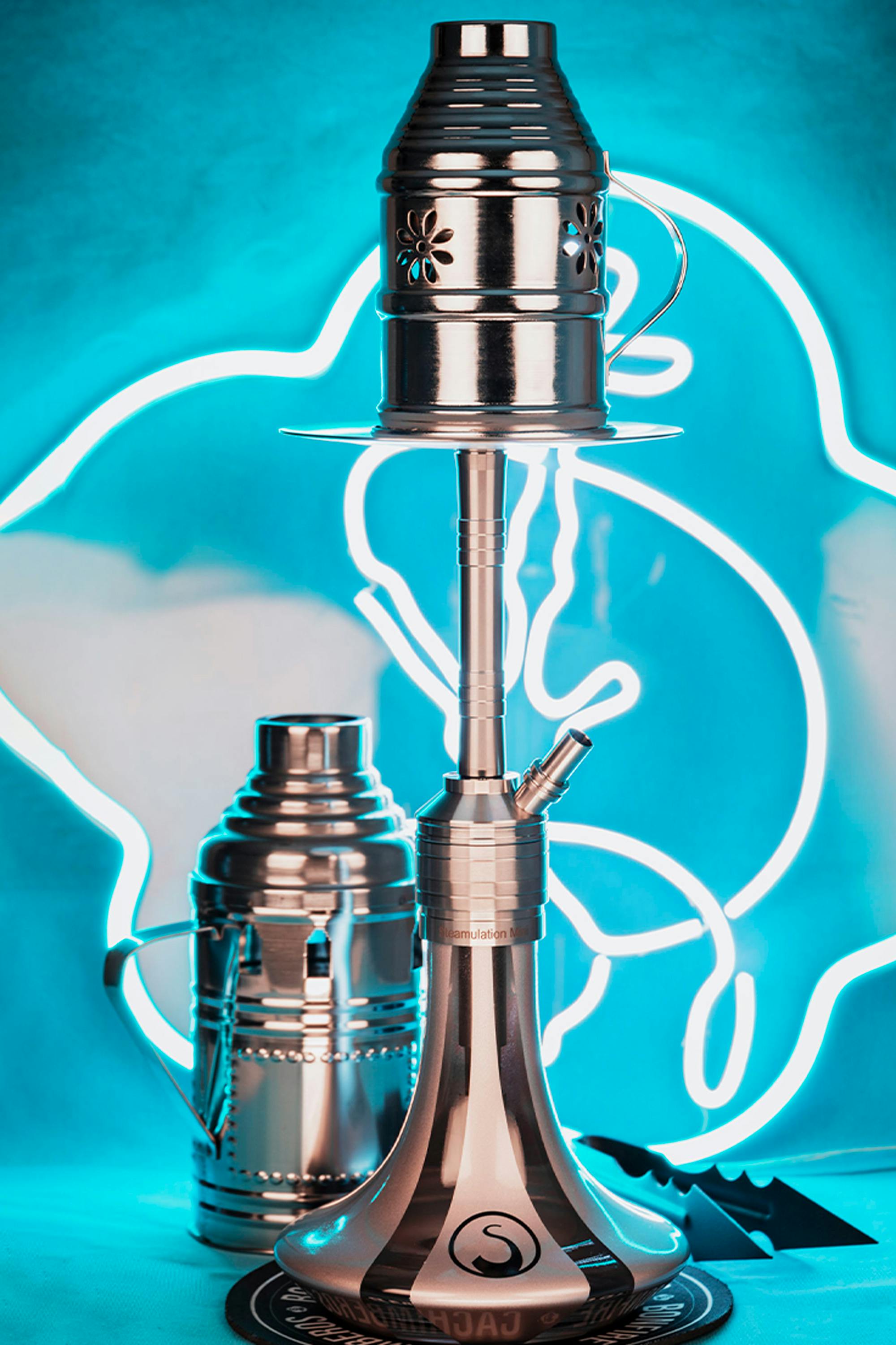 Silver Hookah with Blue Neon in the Background · Free Stock Photo