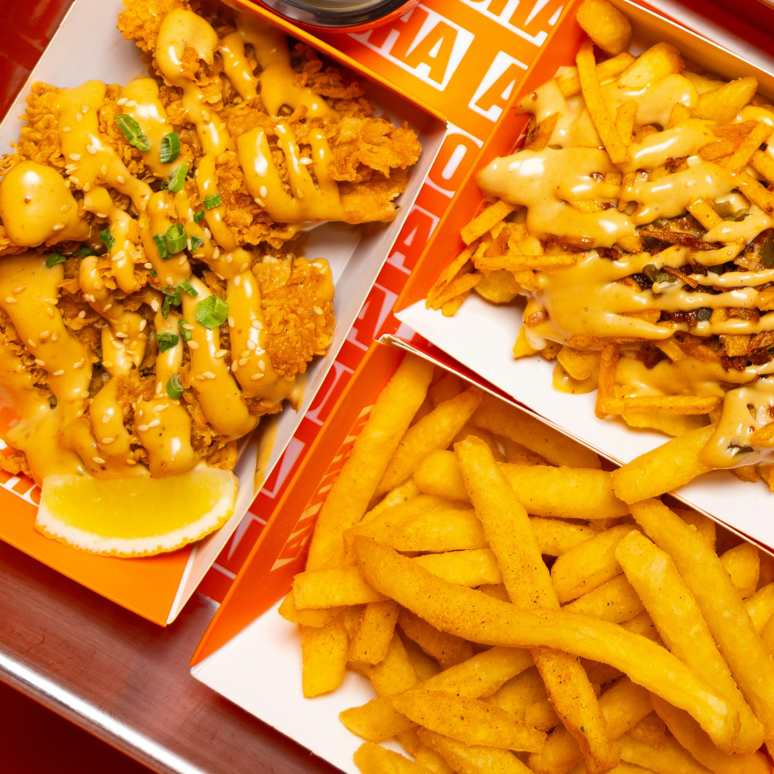 A tray of food with fries and sauce on it · Free Stock Photo