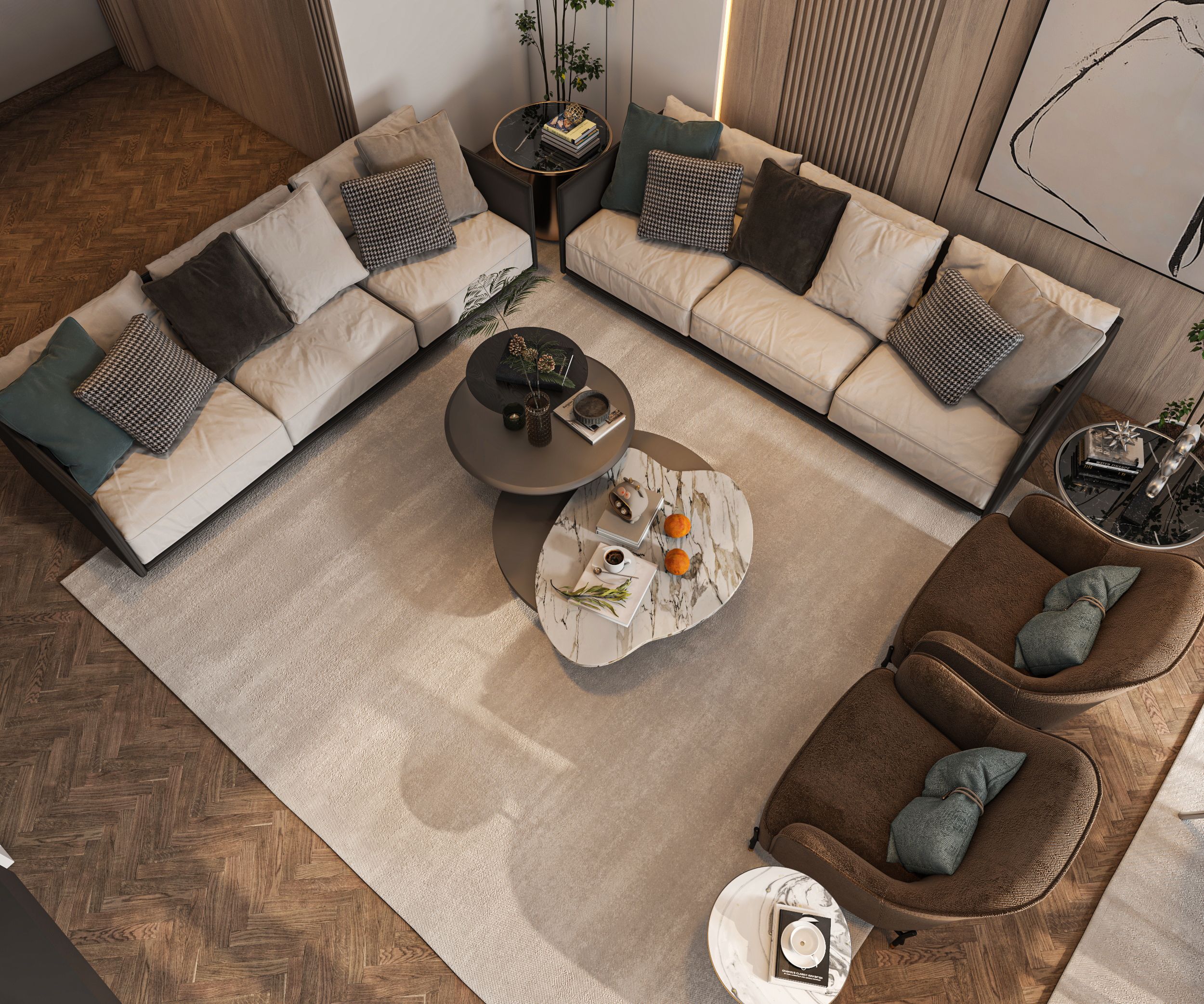 A Soft, Light Colored Sofa and a Wooden Chair in a Modern Living Room ...