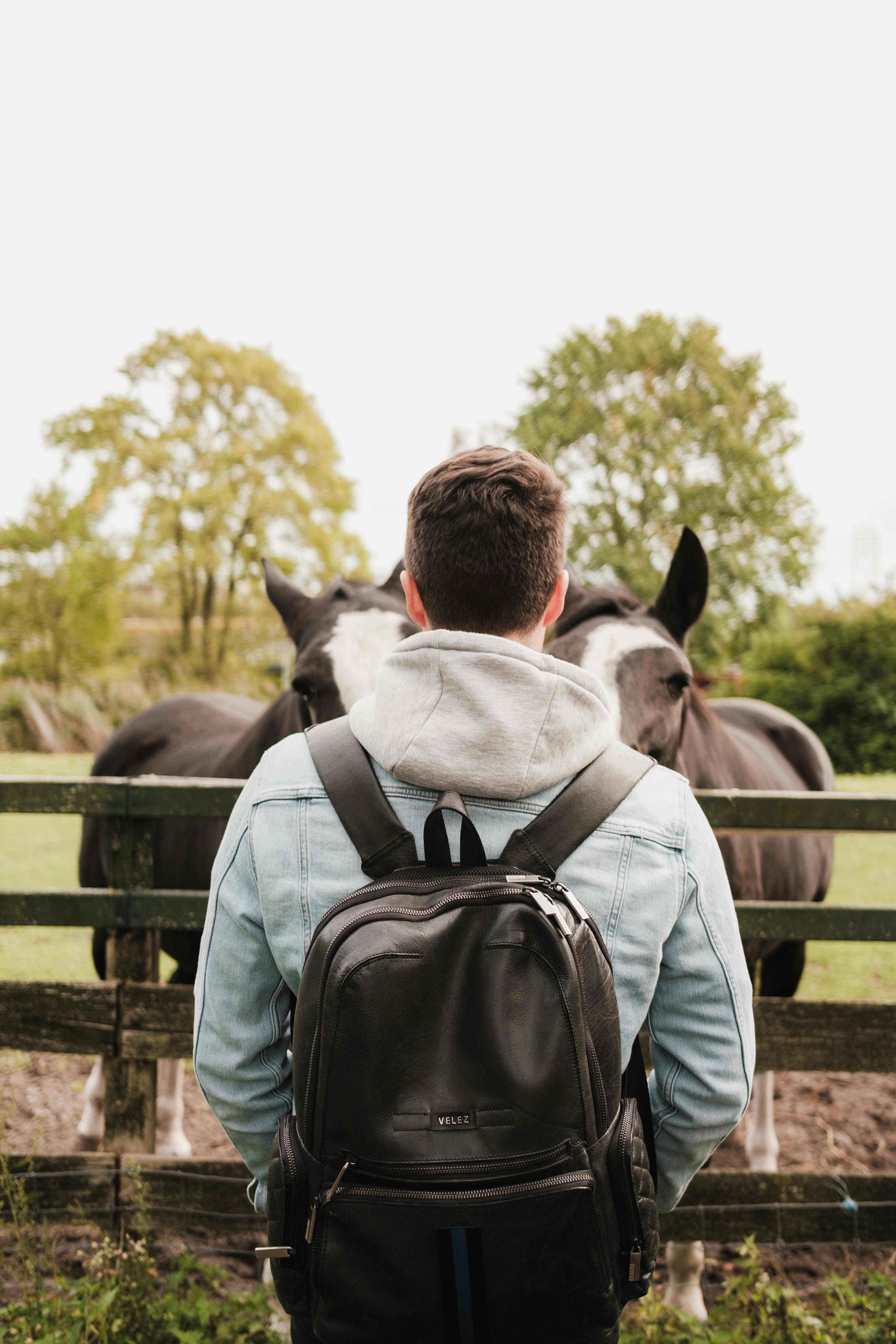 Man with Backpack and Horses behind · Free Stock Photo
