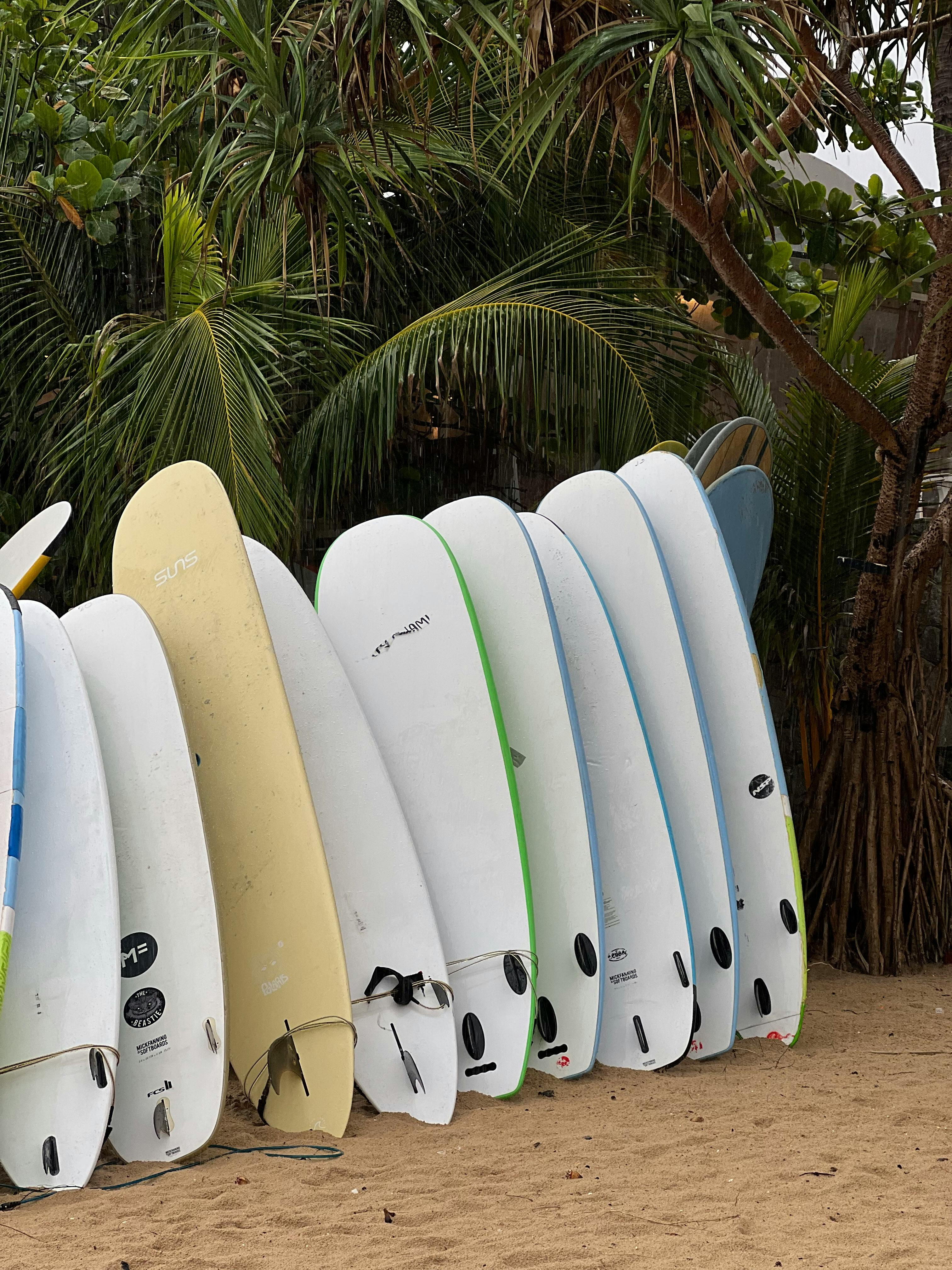 A group of surfboards leaning against a wall · Free Stock Photo