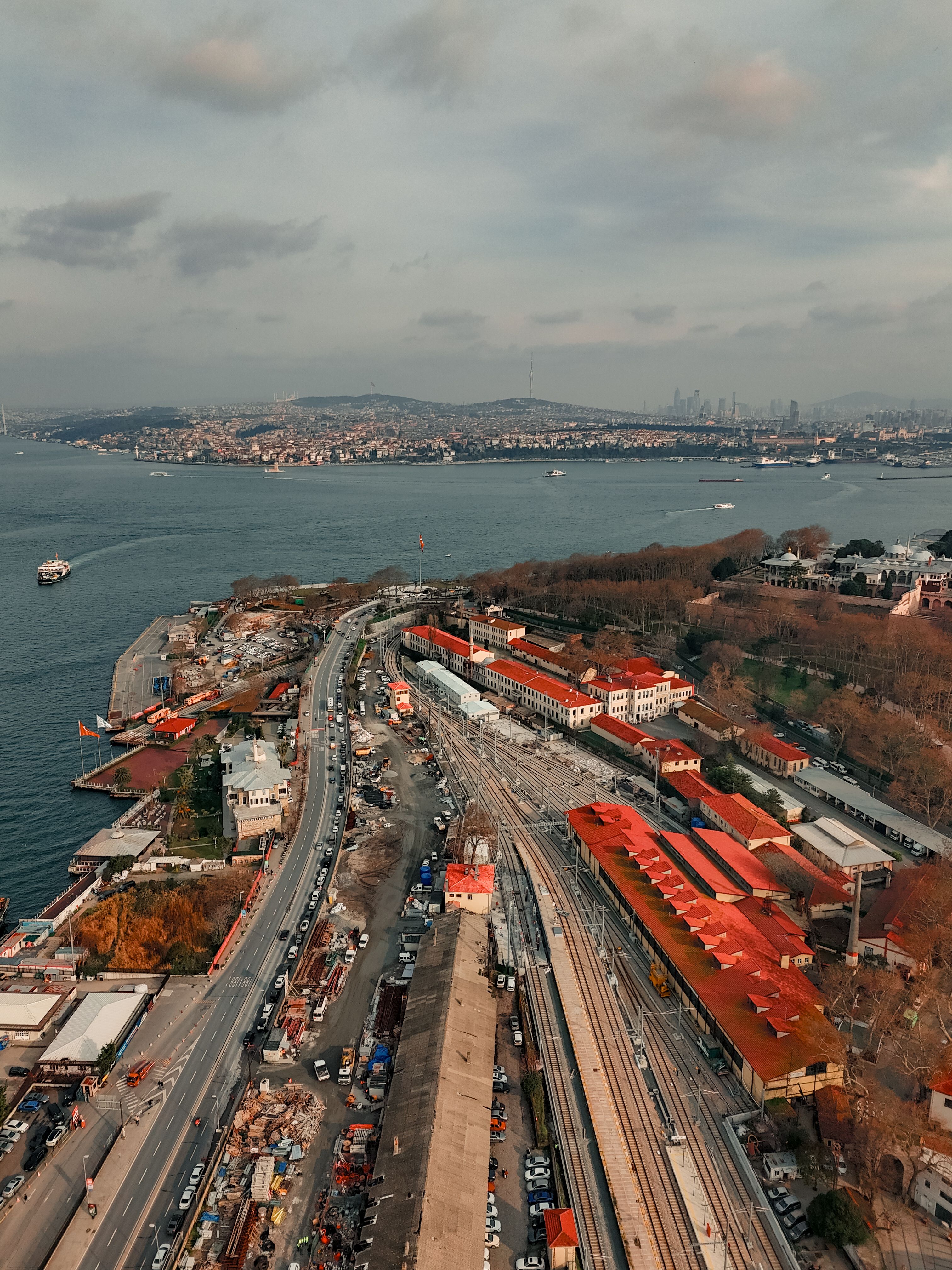 Aerial View of a Railway Station on the Shore of the Bosphorus Strait ...