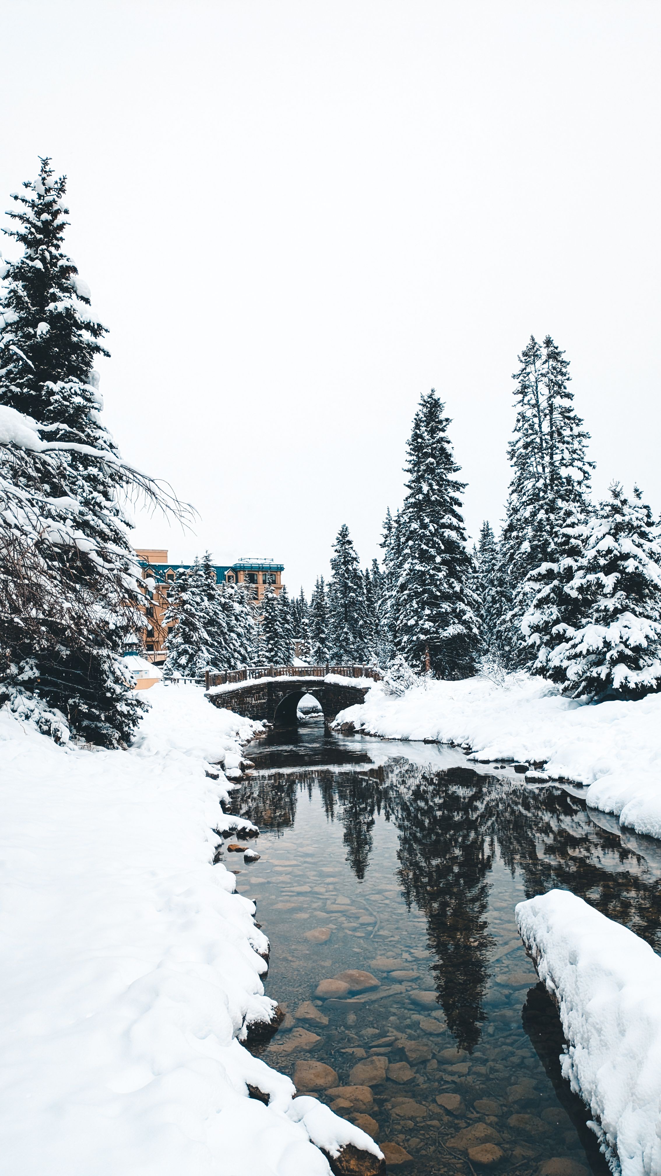 Winter Landscape with Footbridge over a River, and Conifer Trees · Free ...