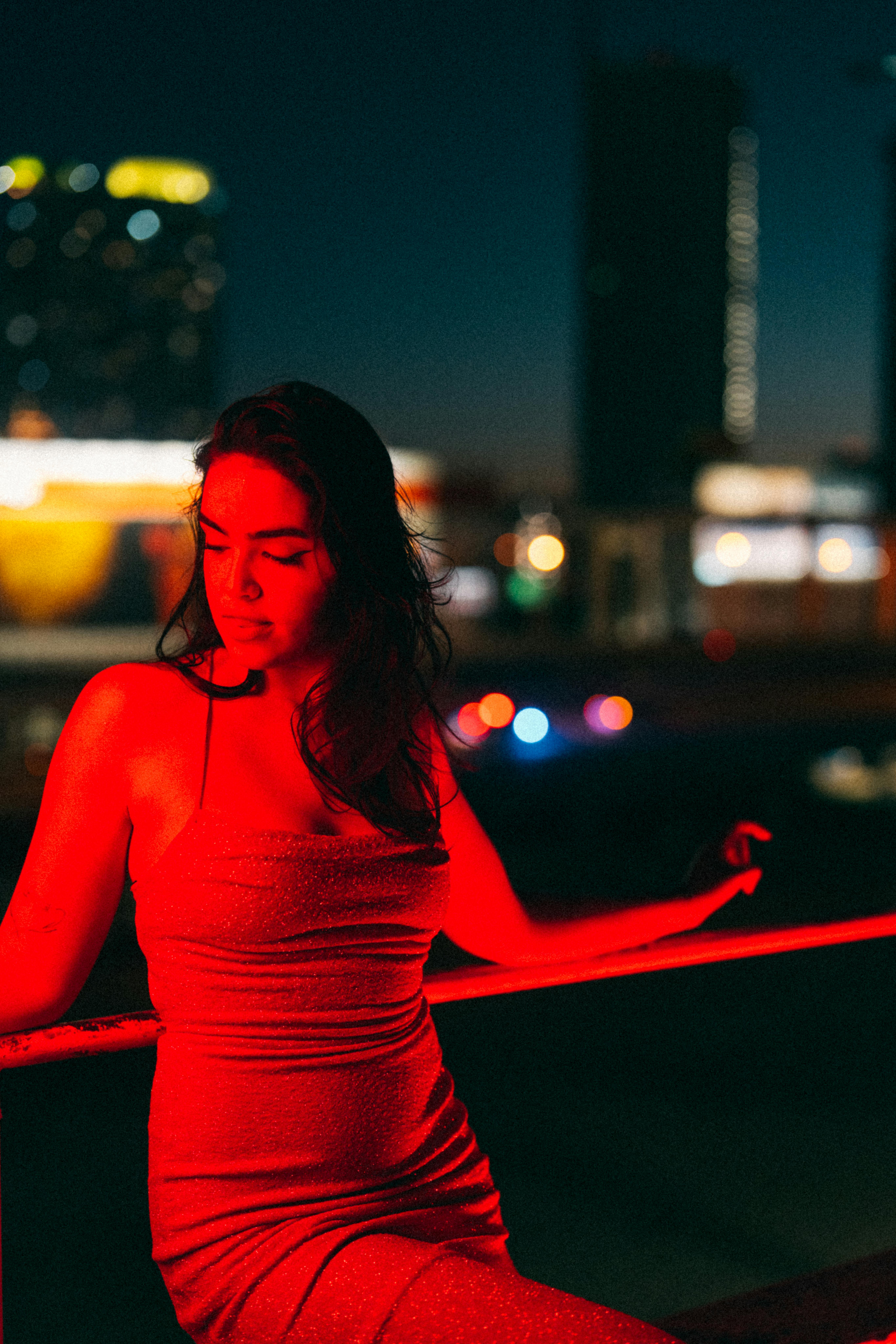 Red Light on Woman in Dress at Night · Free Stock Photo