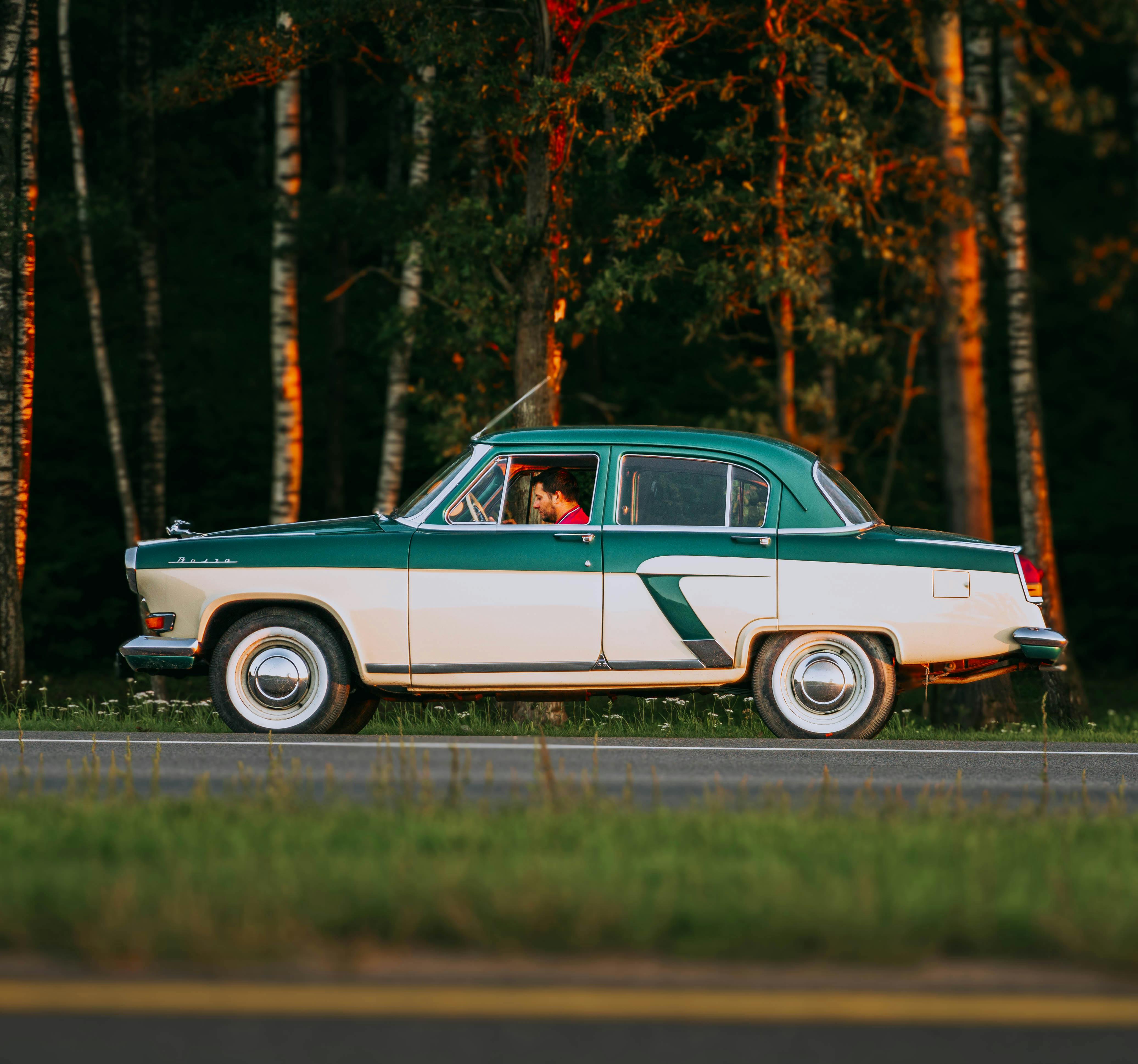 Man Driving a Vintage Car through the Forest · Free Stock Photo