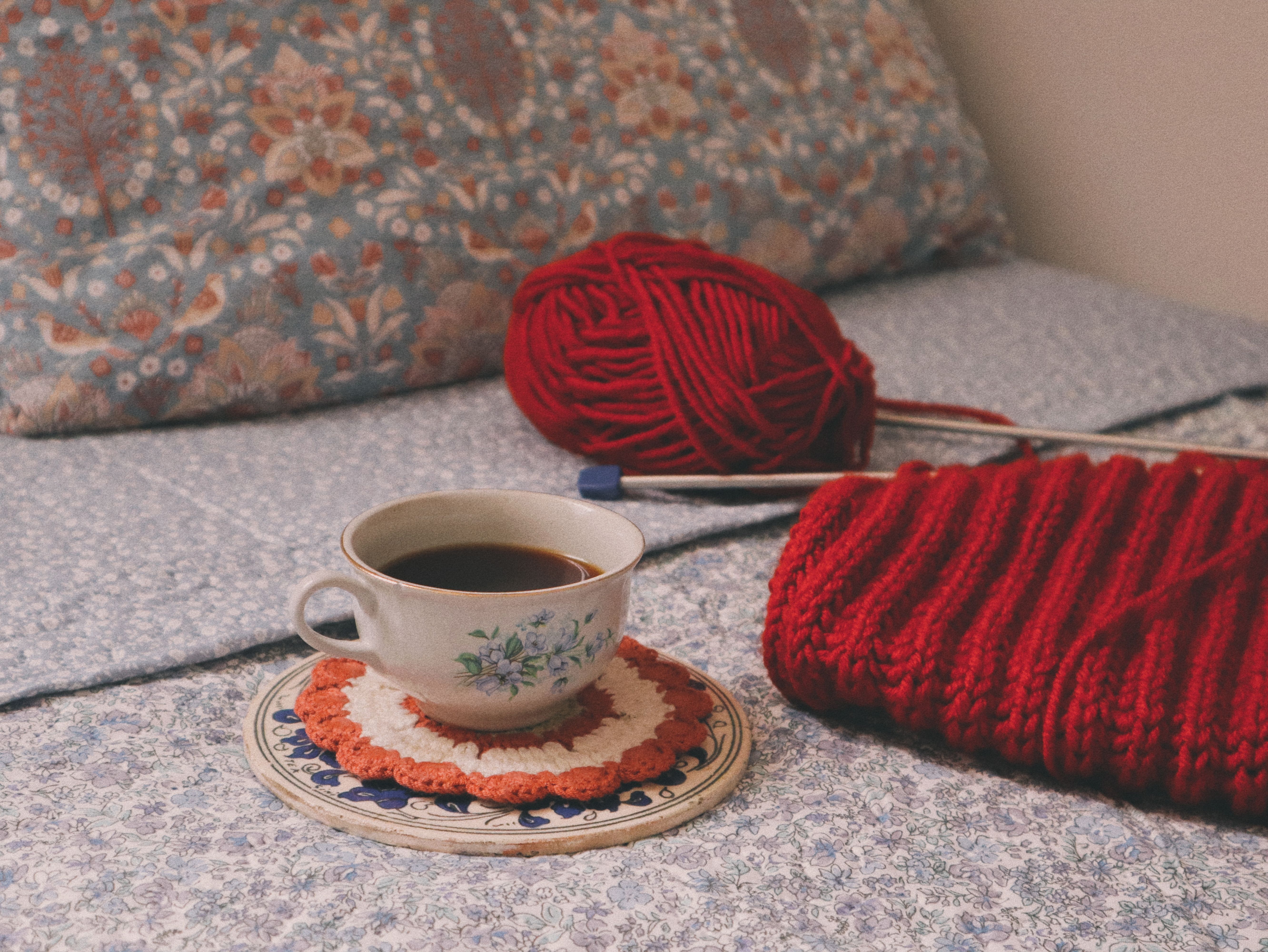 Red Wool and Cup of Coffee · Free Stock Photo
