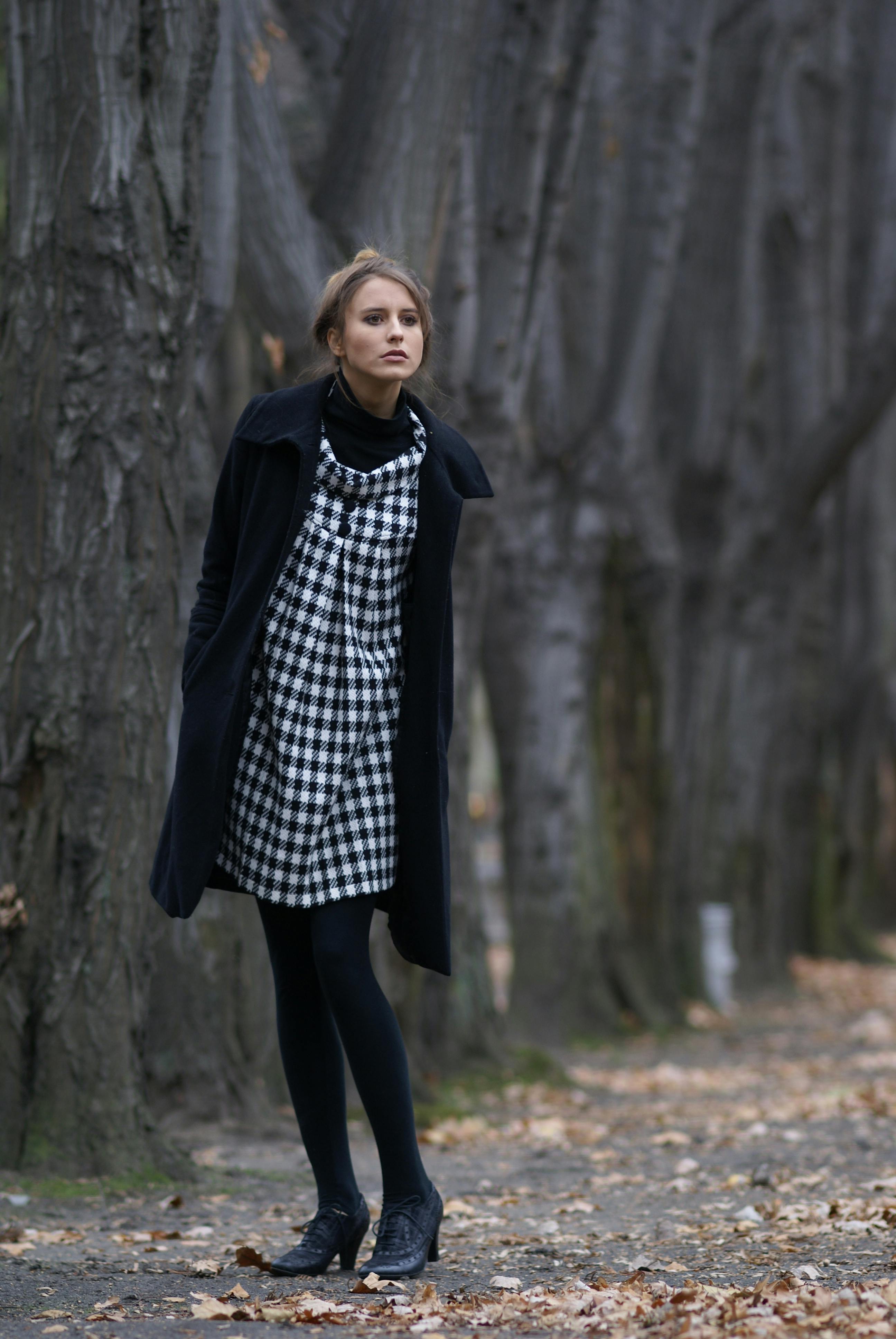 Standing Woman in Check Dress and Black Coat · Free Stock Photo
