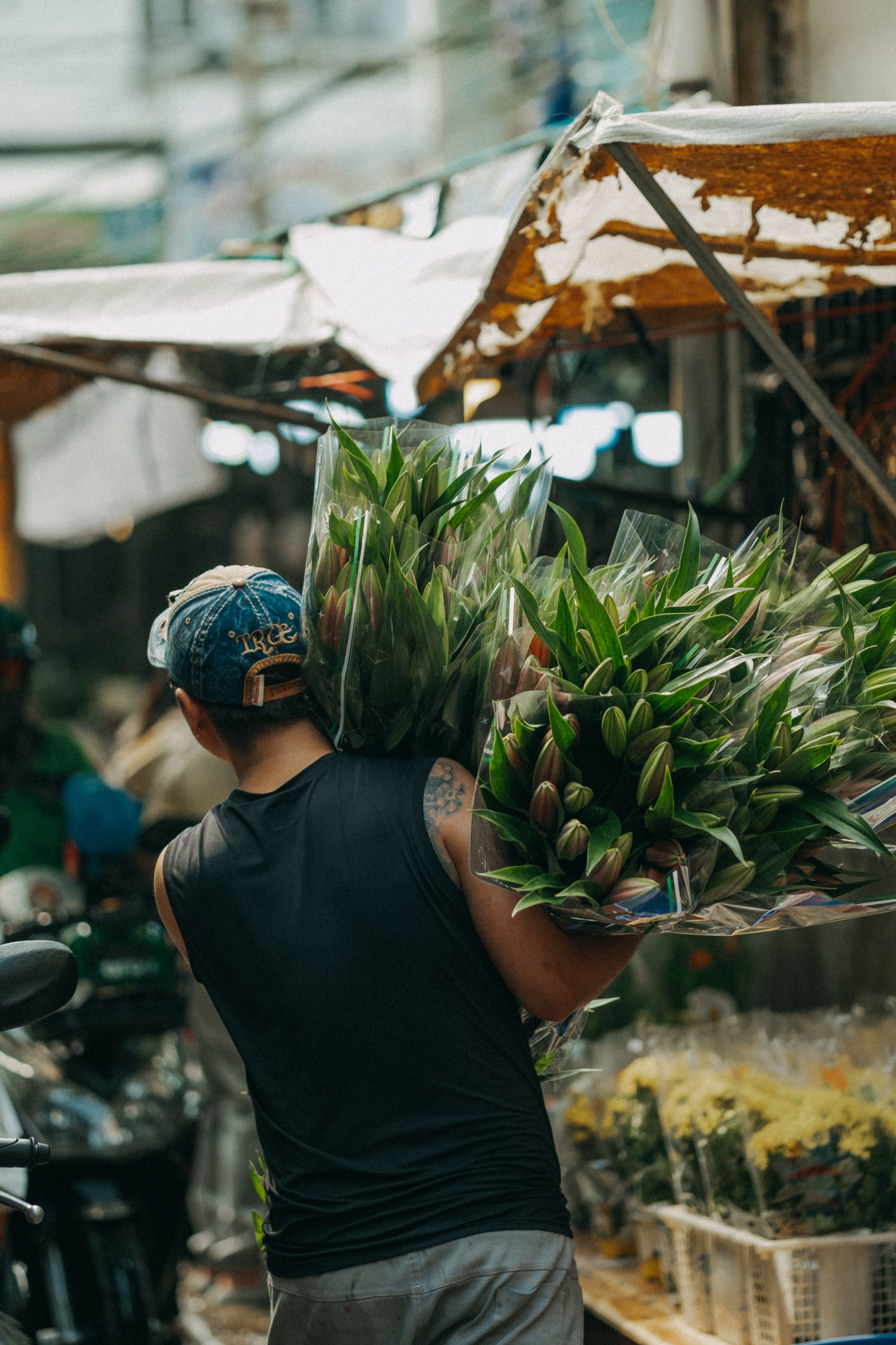Man Carrying Flowers at Bazaar · Free Stock Photo