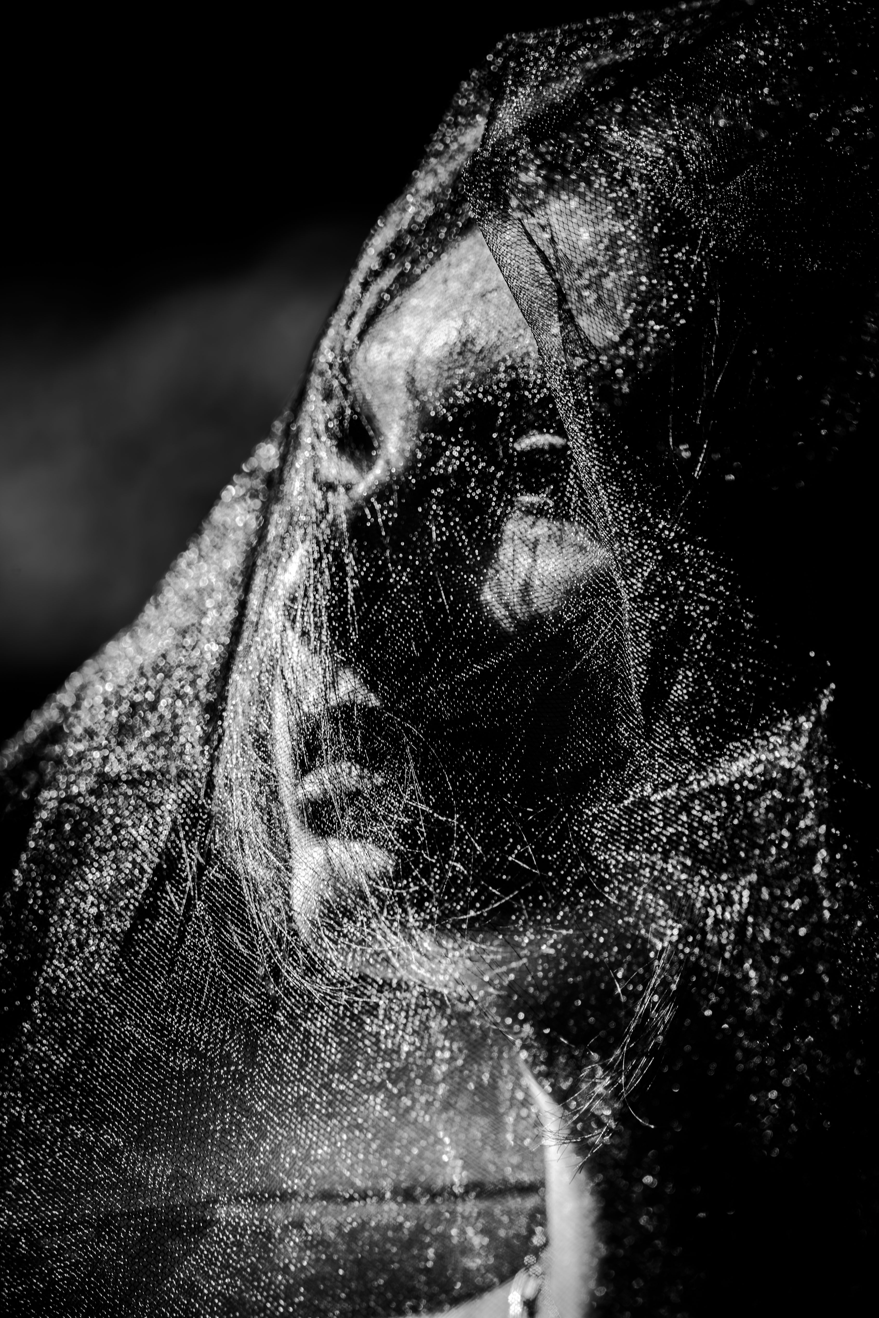 Woman Face under Veil in Black and White · Free Stock Photo