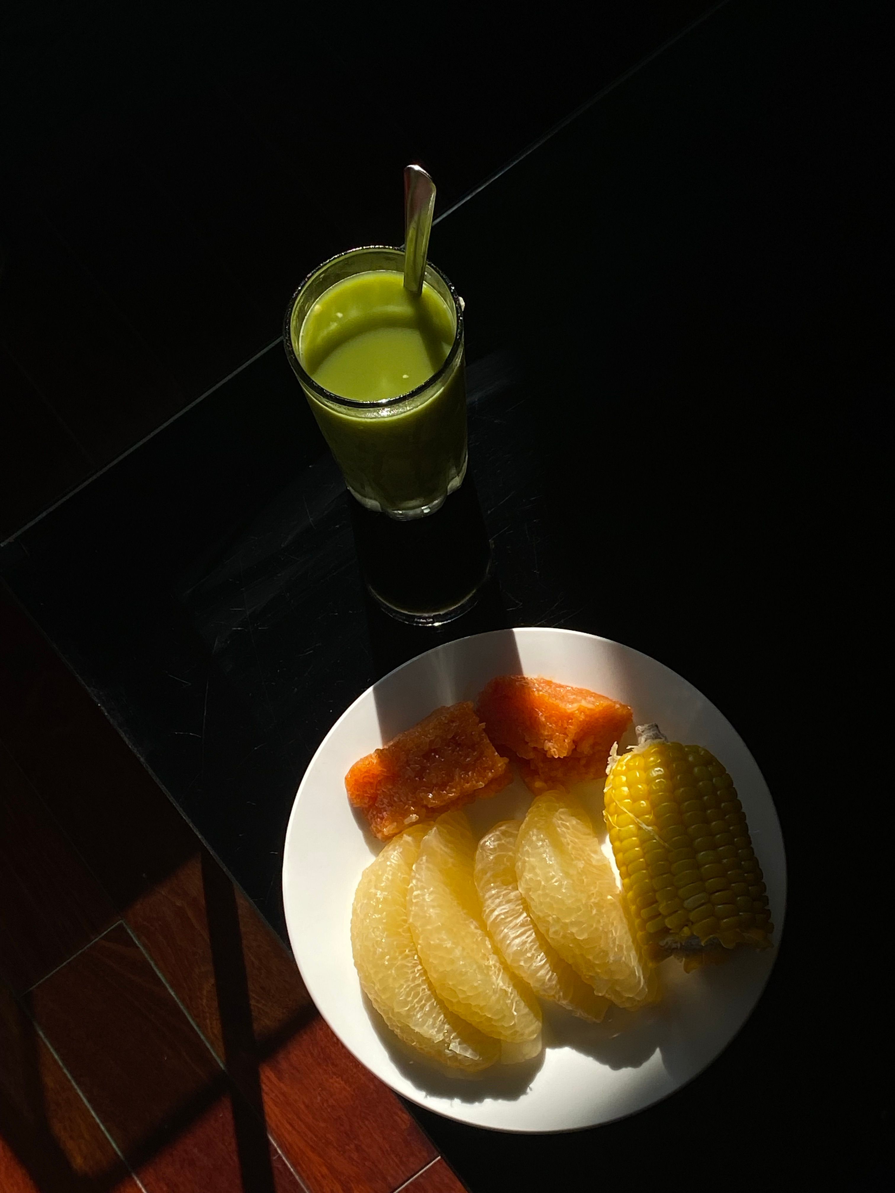 Juice and Plate of Fruit and Corn · Free Stock Photo