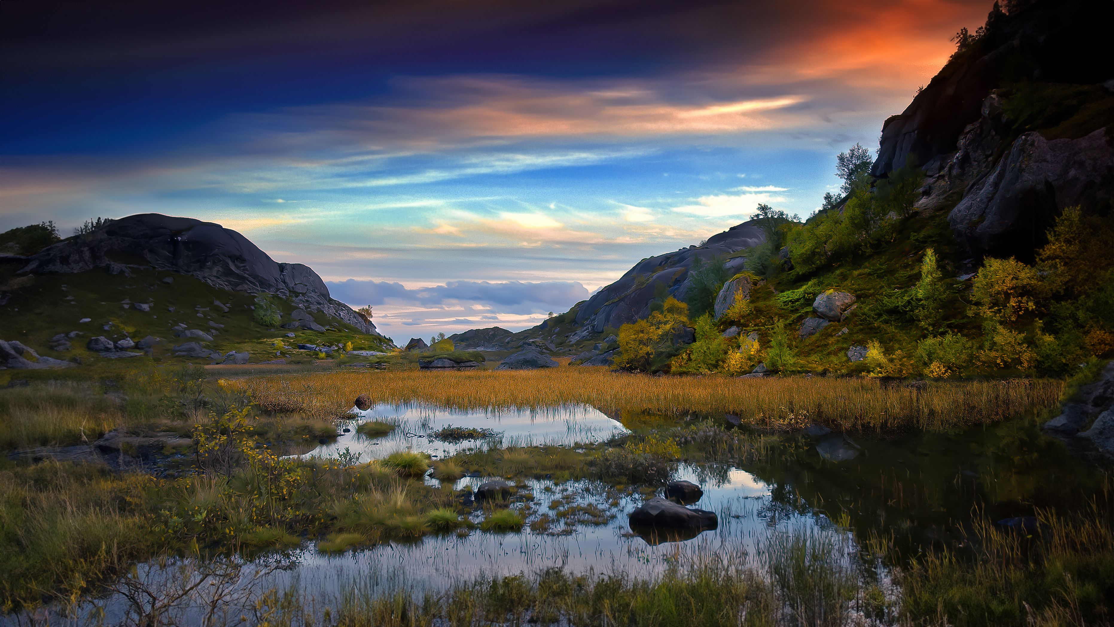 Lake on Swamp in Valley at Sunset · Free Stock Photo