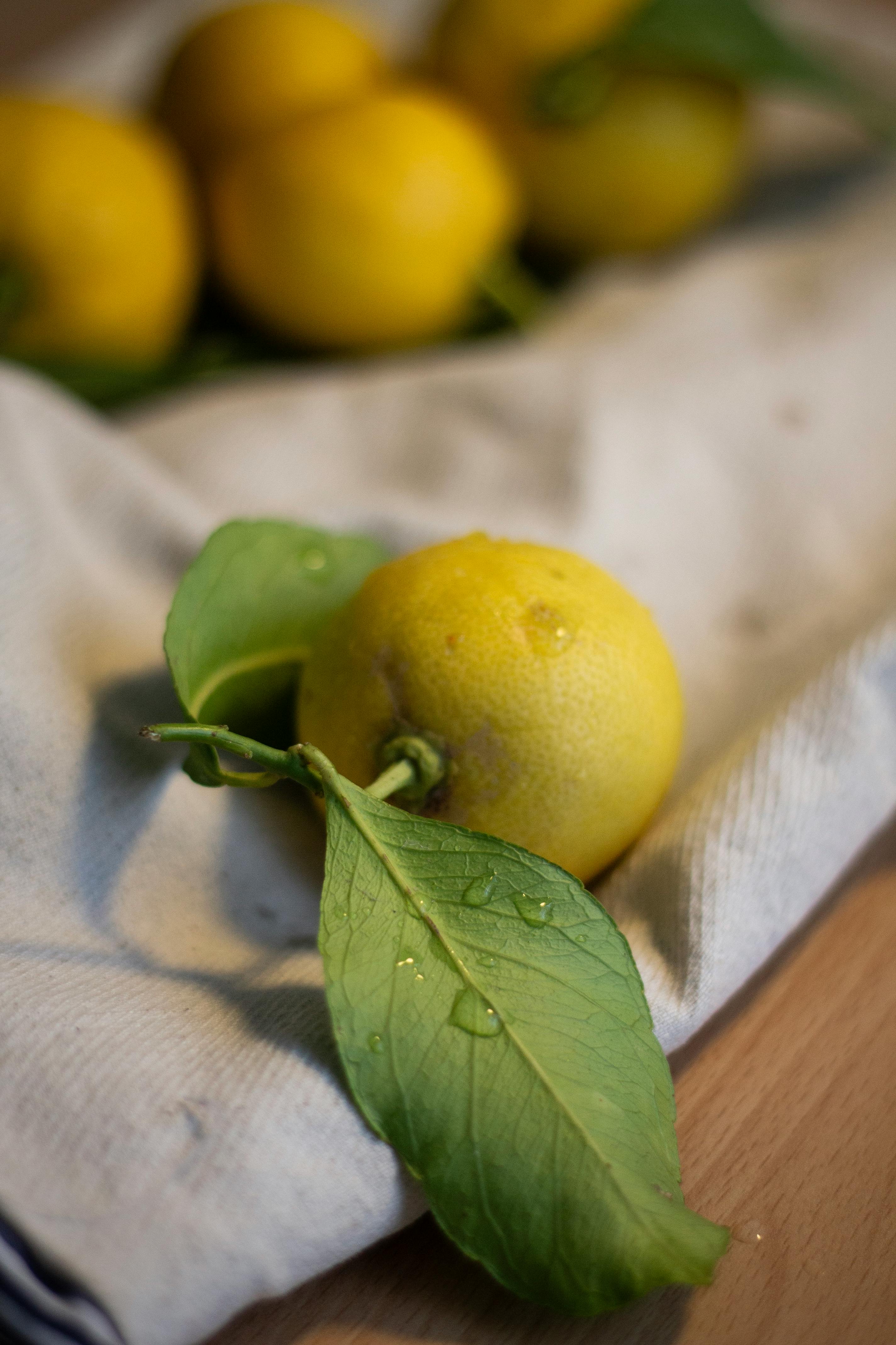 Close-up of a Fresh Lemon with Leaves Lying on a Cloth · Free Stock Photo