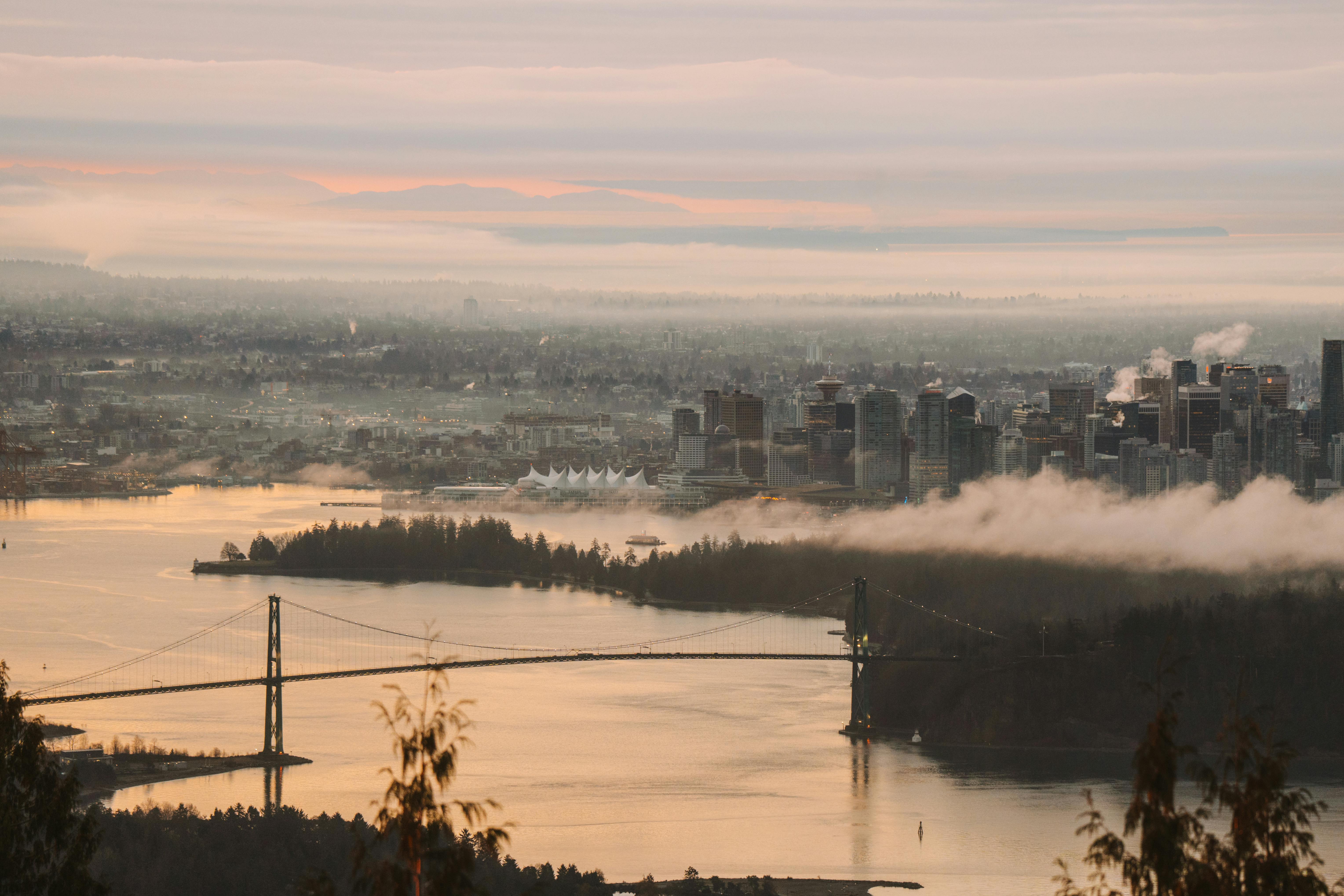 Overhead View of River Flowing next to the City of Vancouver in Canada ...