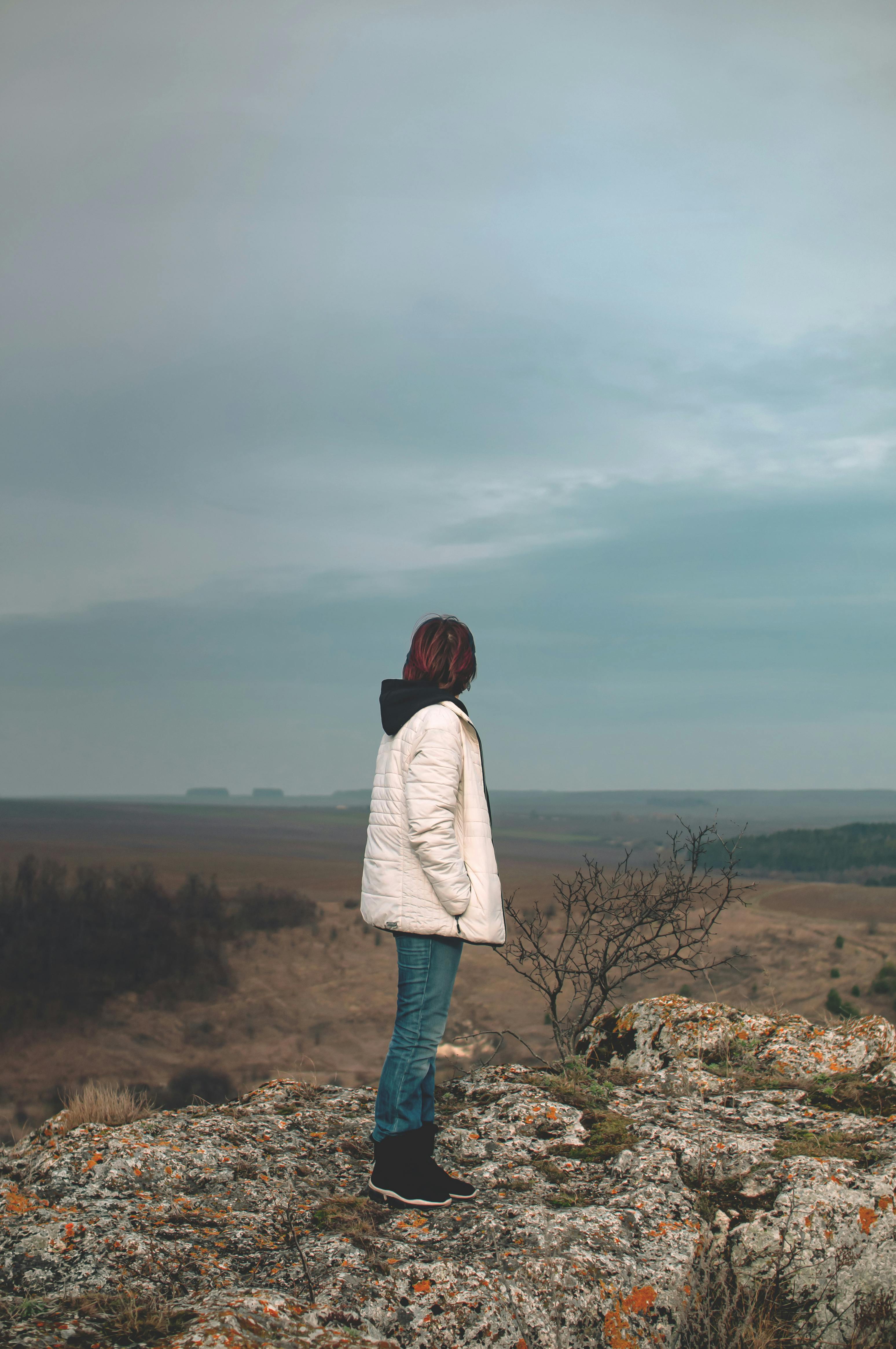 A woman standing on a rock looking out over the landscape · Free Stock ...