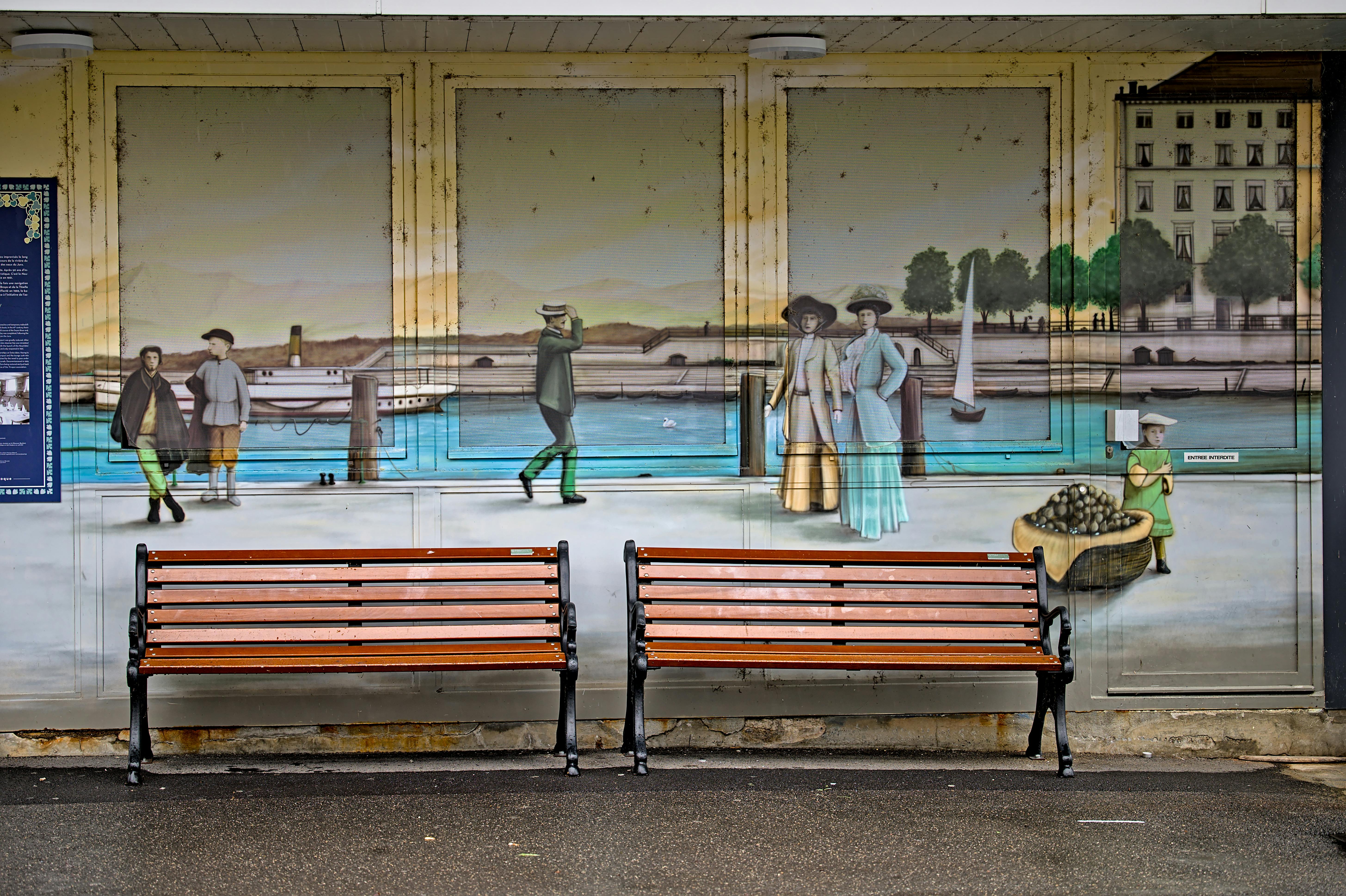 Mural of People Walking and Standing by River in City · Free Stock Photo