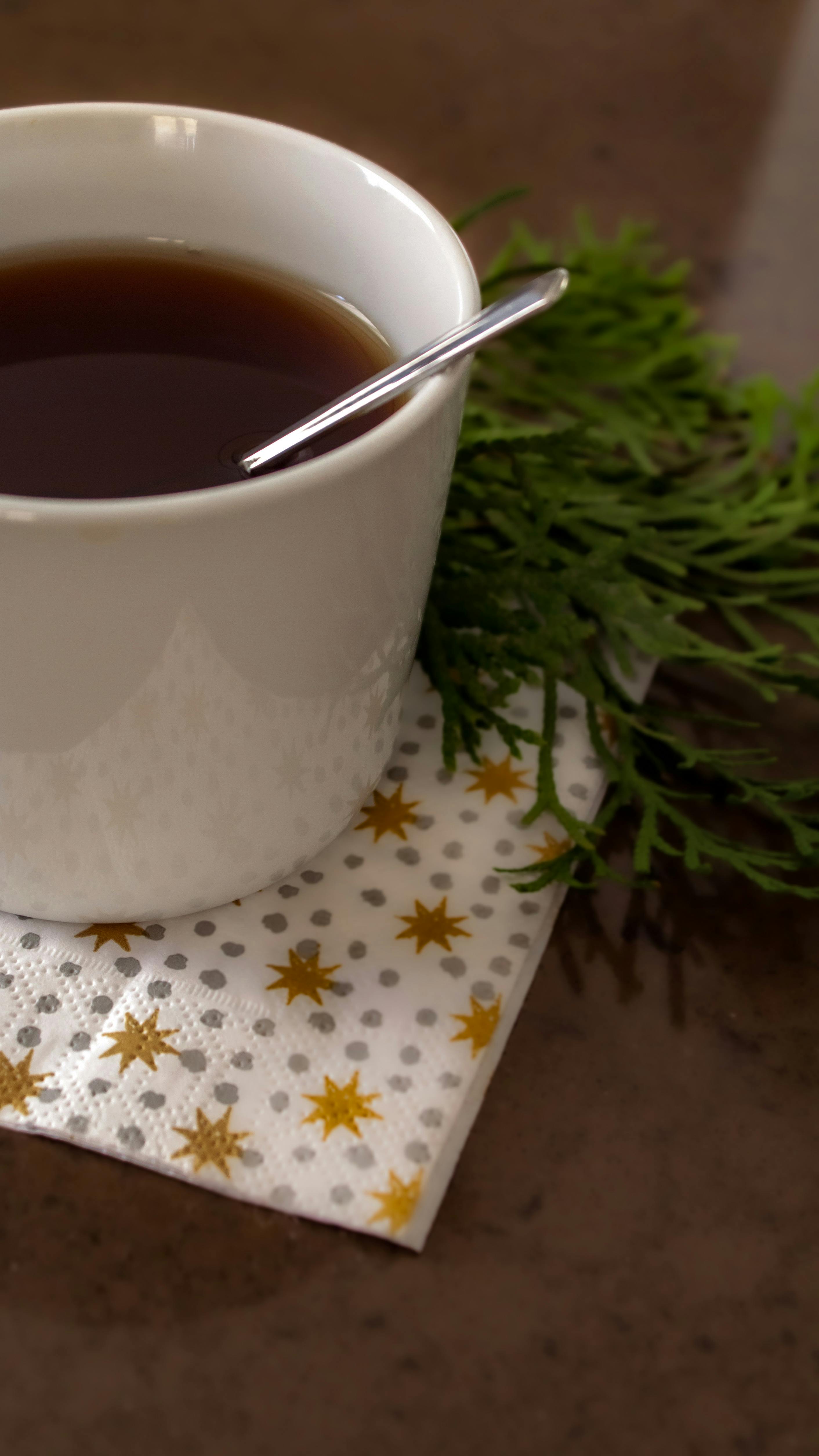Spoon in Cup of Tea by Conifer Needles · Free Stock Photo