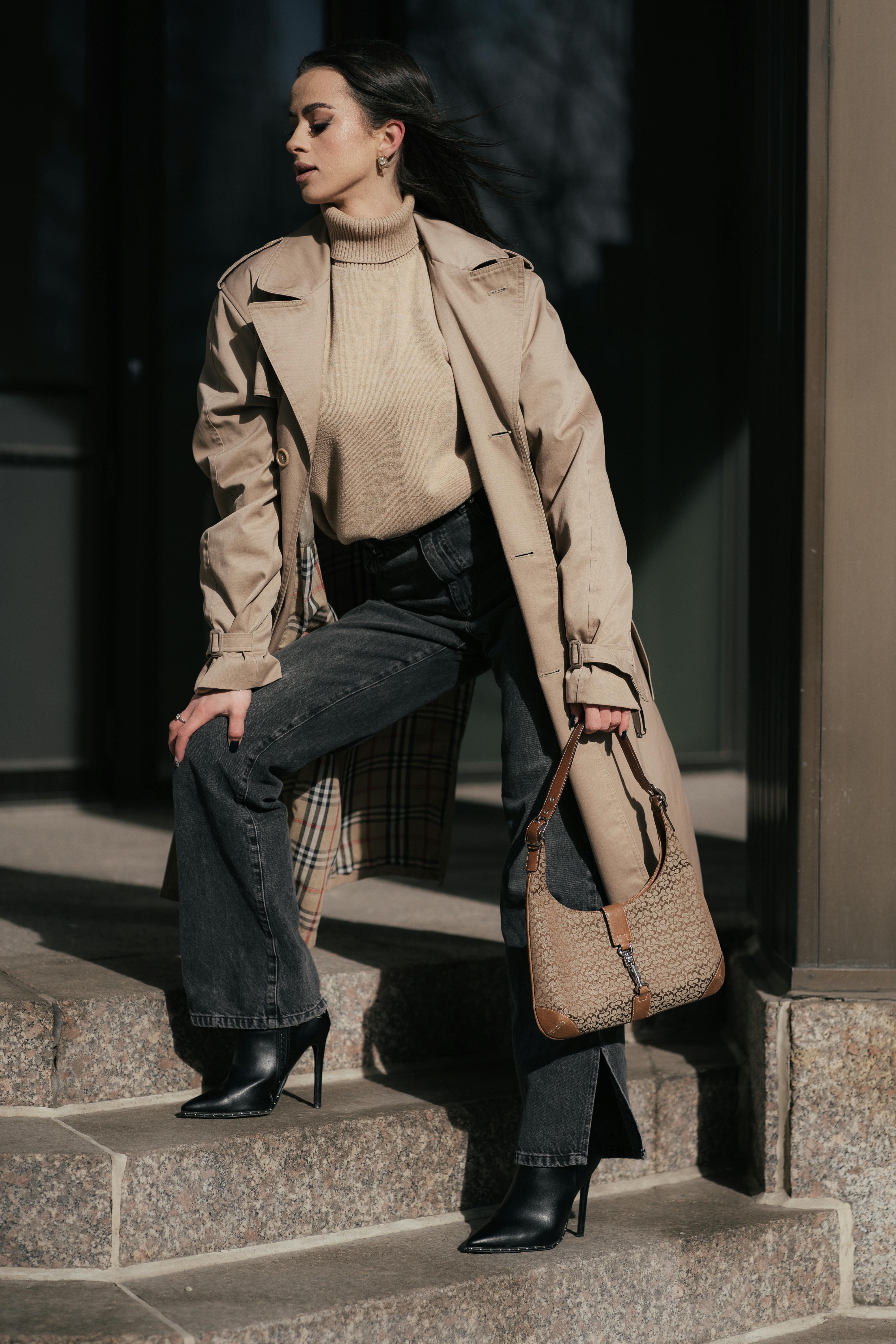 Brunette Woman Model Standing on Stairs Posing · Free Stock Photo