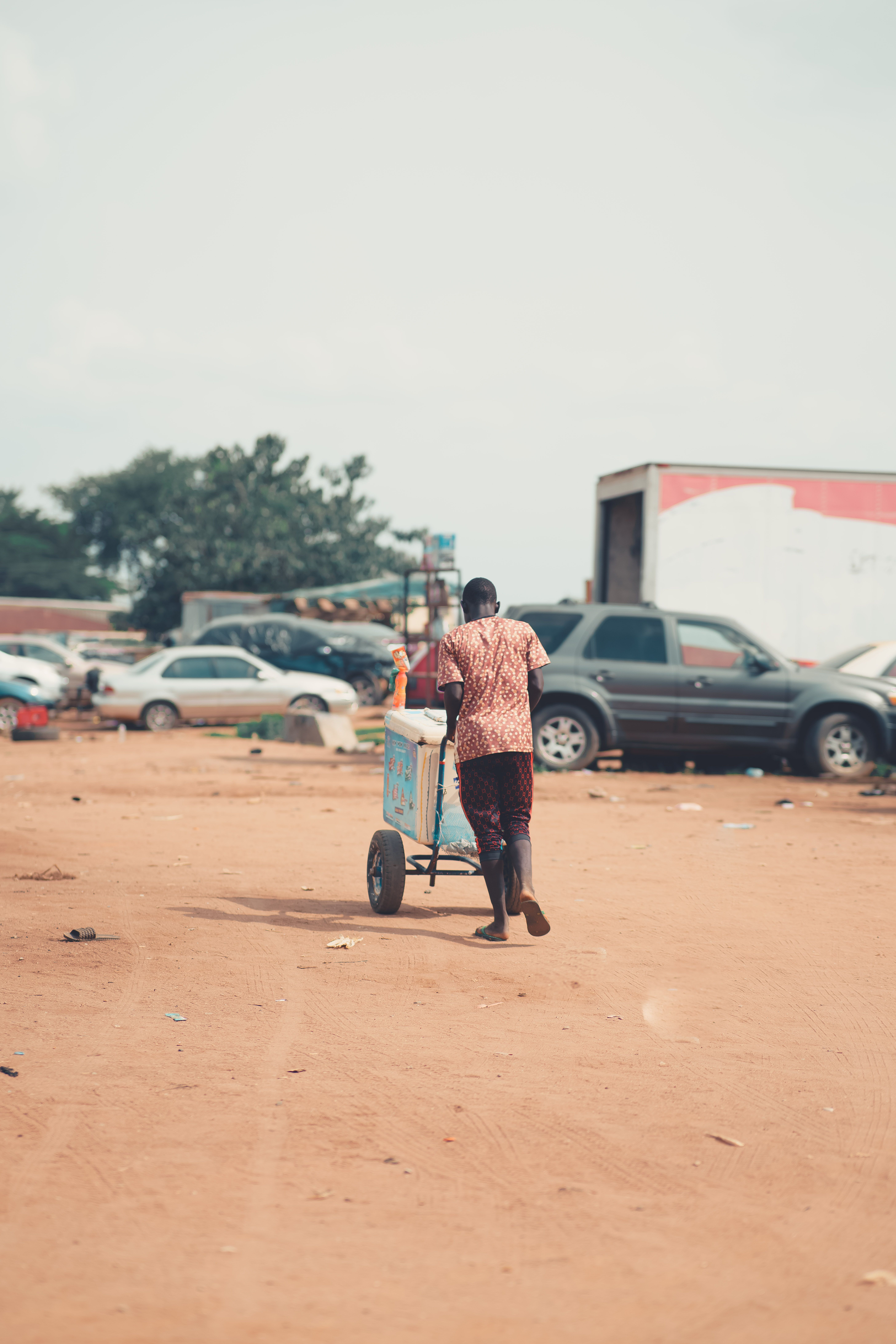 Back View of a Man Pushing a Cart on a Street · Free Stock Photo