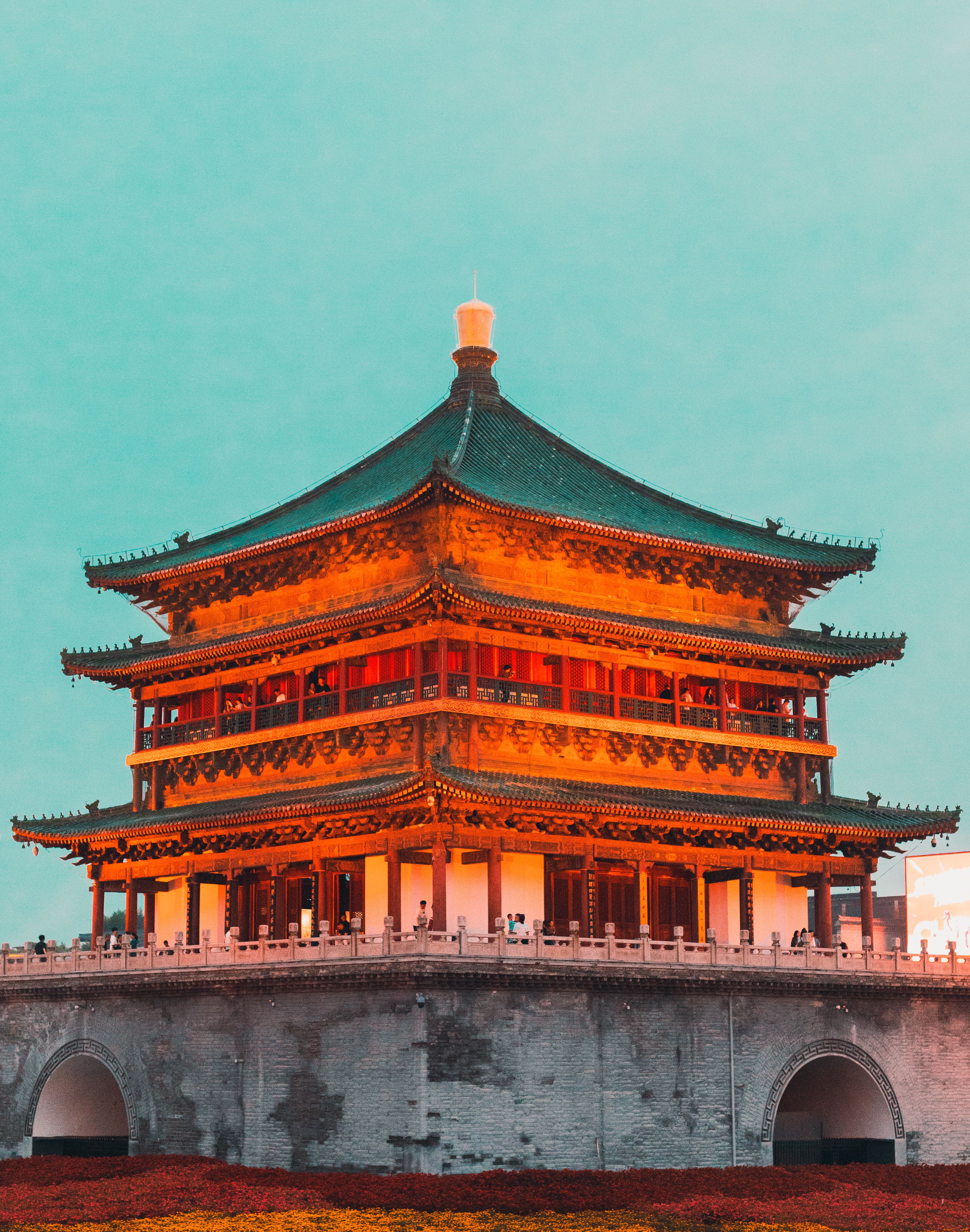 Illuminated Facade of the Bell Tower of Xian in China · Free Stock Photo