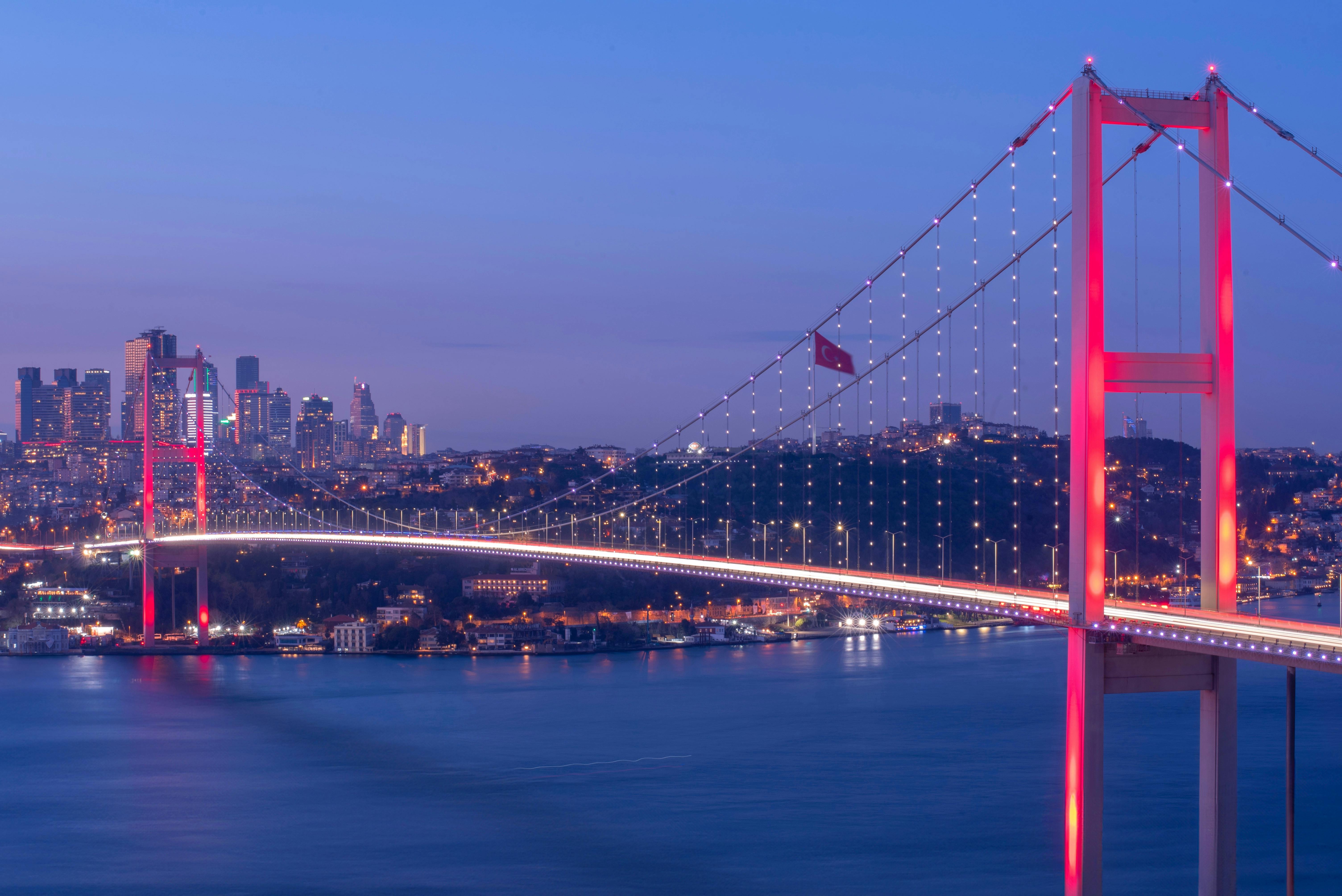 View of the Illuminated Bosphorus Bridge over the Bosphorus Strait in ...