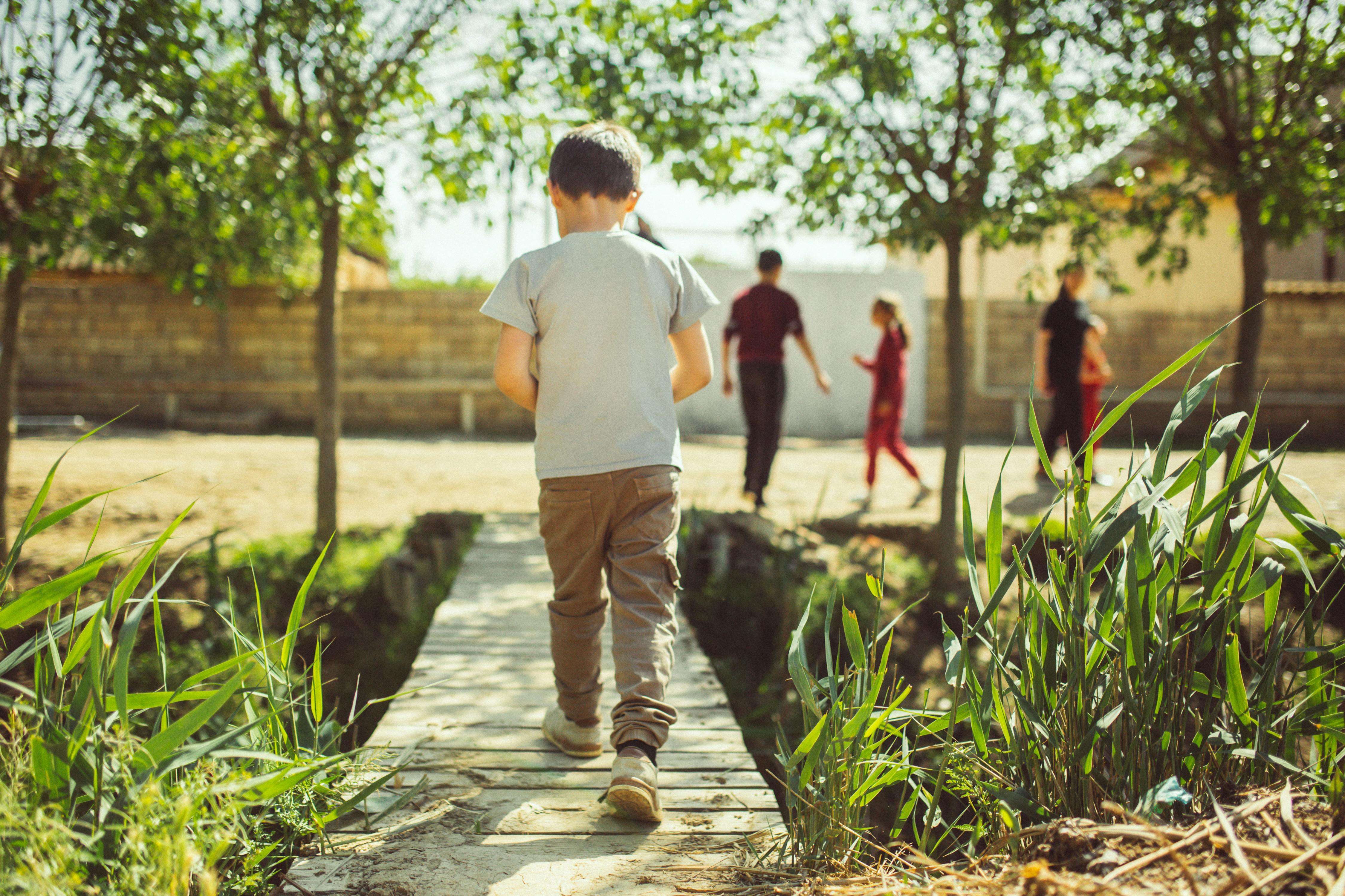 Back View of a Boy Walking on a Footbridge in a Park · Free Stock Photo