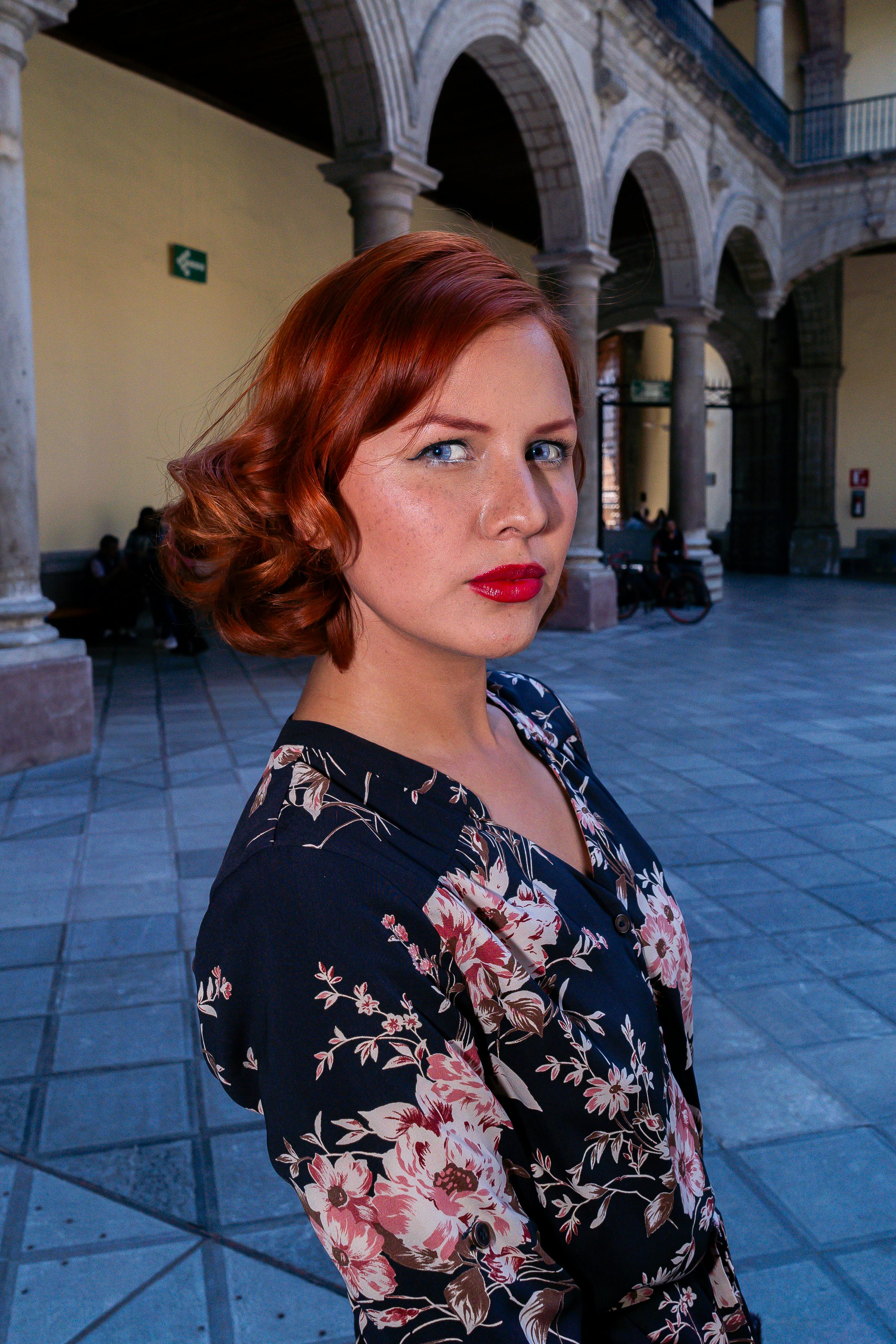 Portrait of a Ginger Woman in a Dress and Red Lipstick · Free Stock Photo
