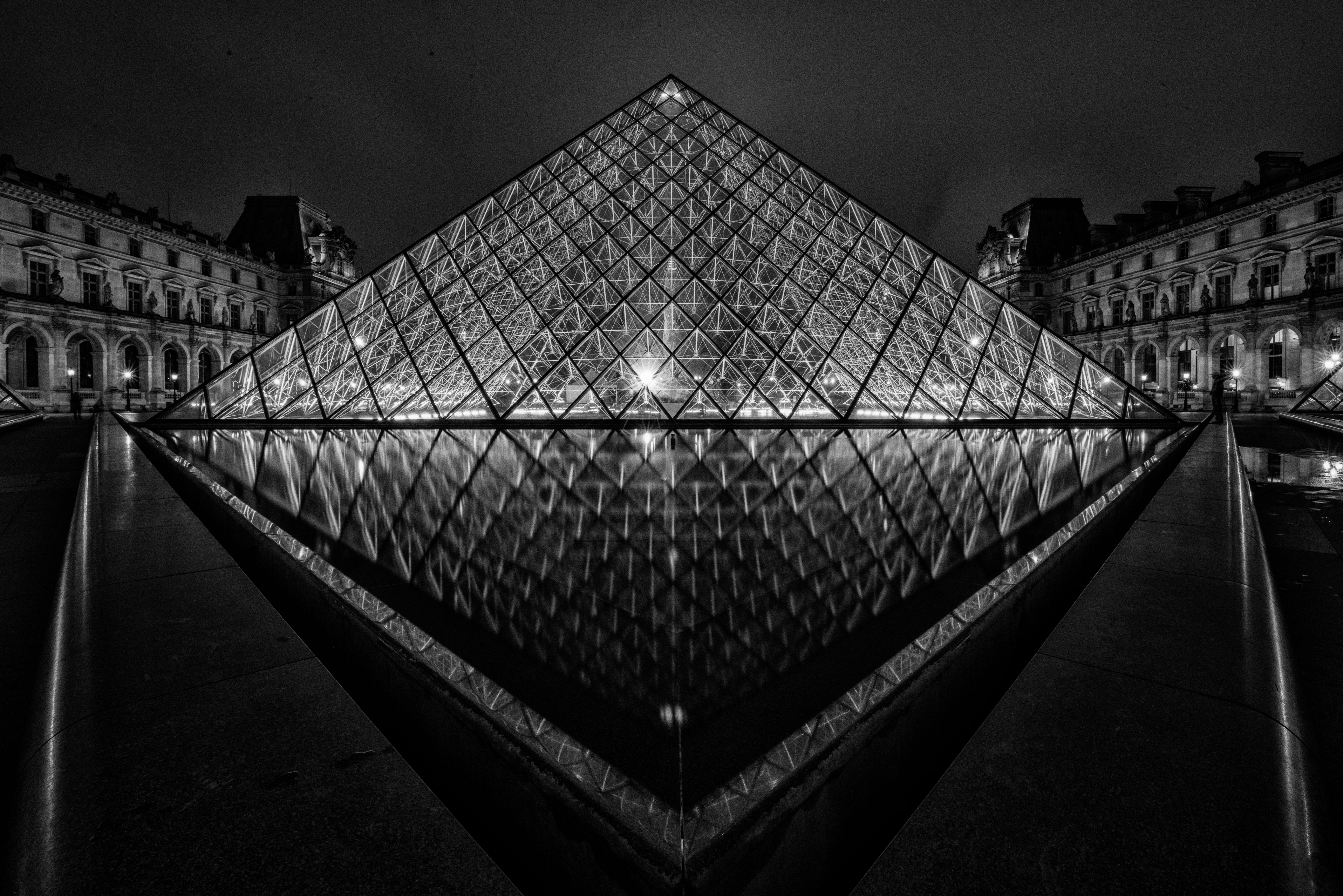 Black and White Photo of Illuminated Louvre Pyramid at Night · Free ...