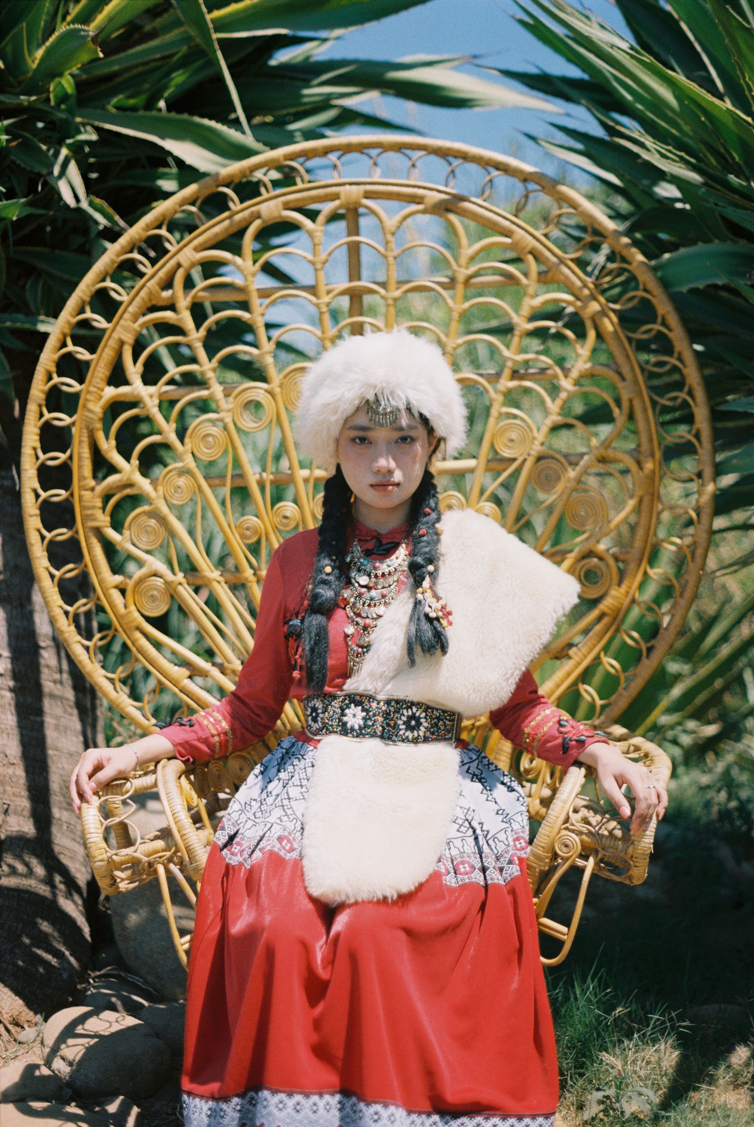 Brunette Woman in Traditional Red Dress Sitting on Throne · Free Stock ...