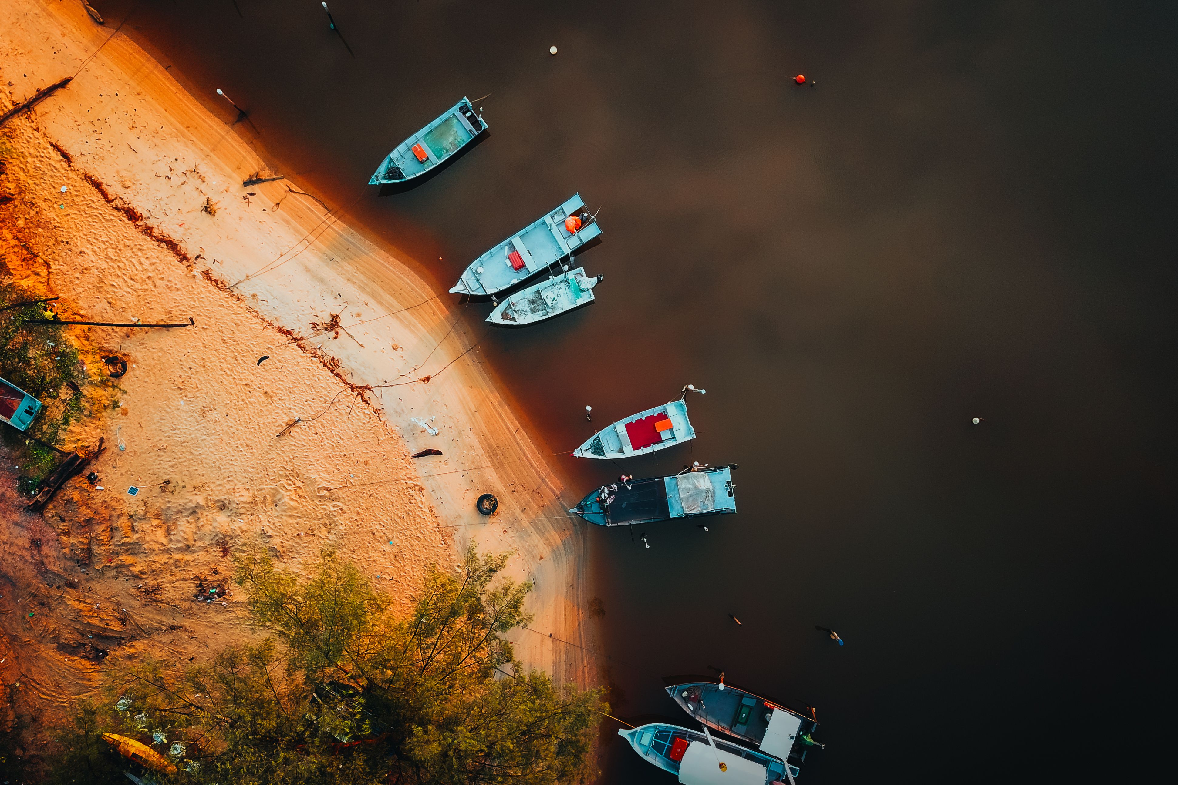 Aerial View of Boats Moored on a Sandy Lakeshore · Free Stock Photo