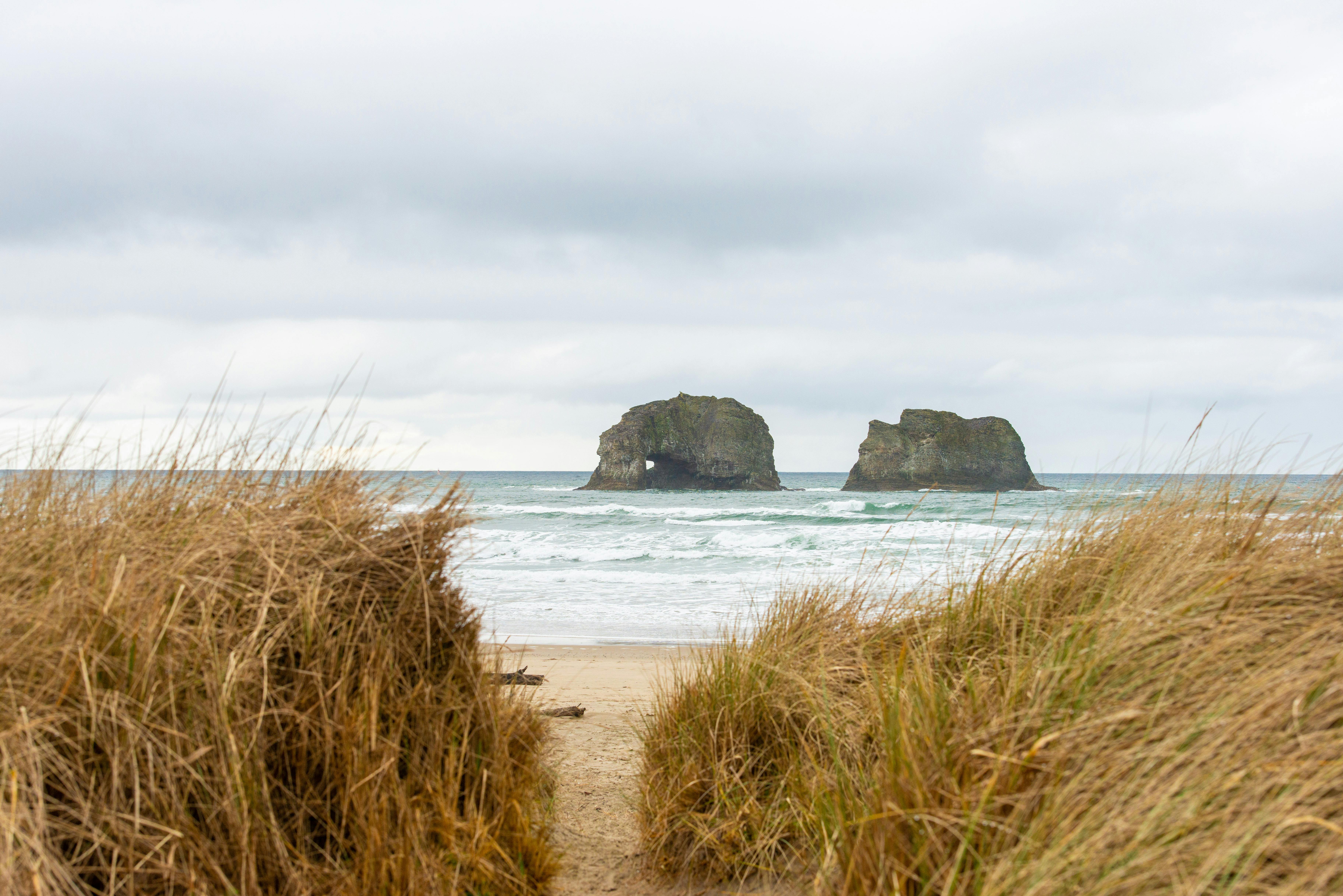 Two Stack Rocks seen from a Grassy Beach · Free Stock Photo