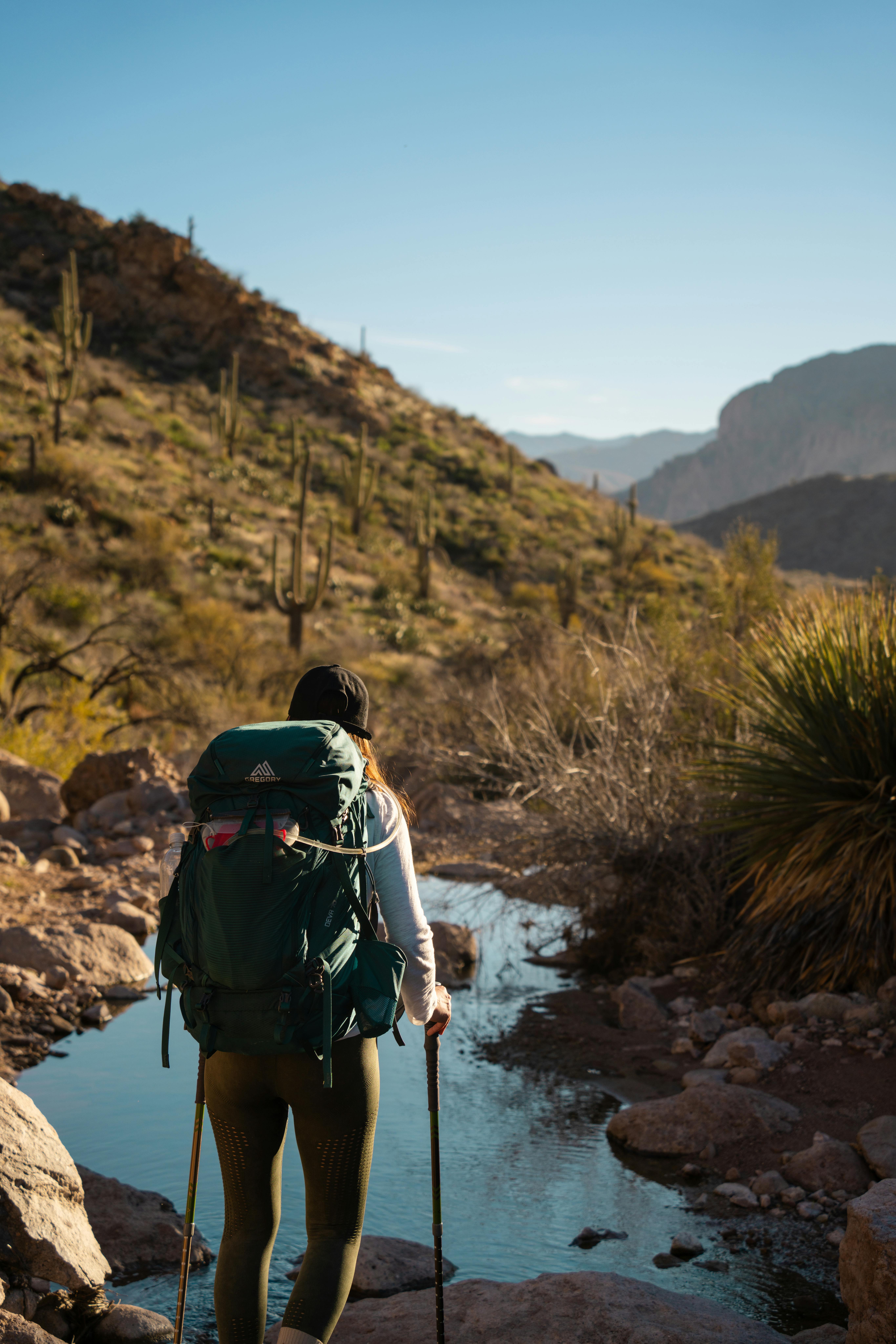 Back View of a Woman with a Backpack Hiking in Mountains · Free Stock Photo