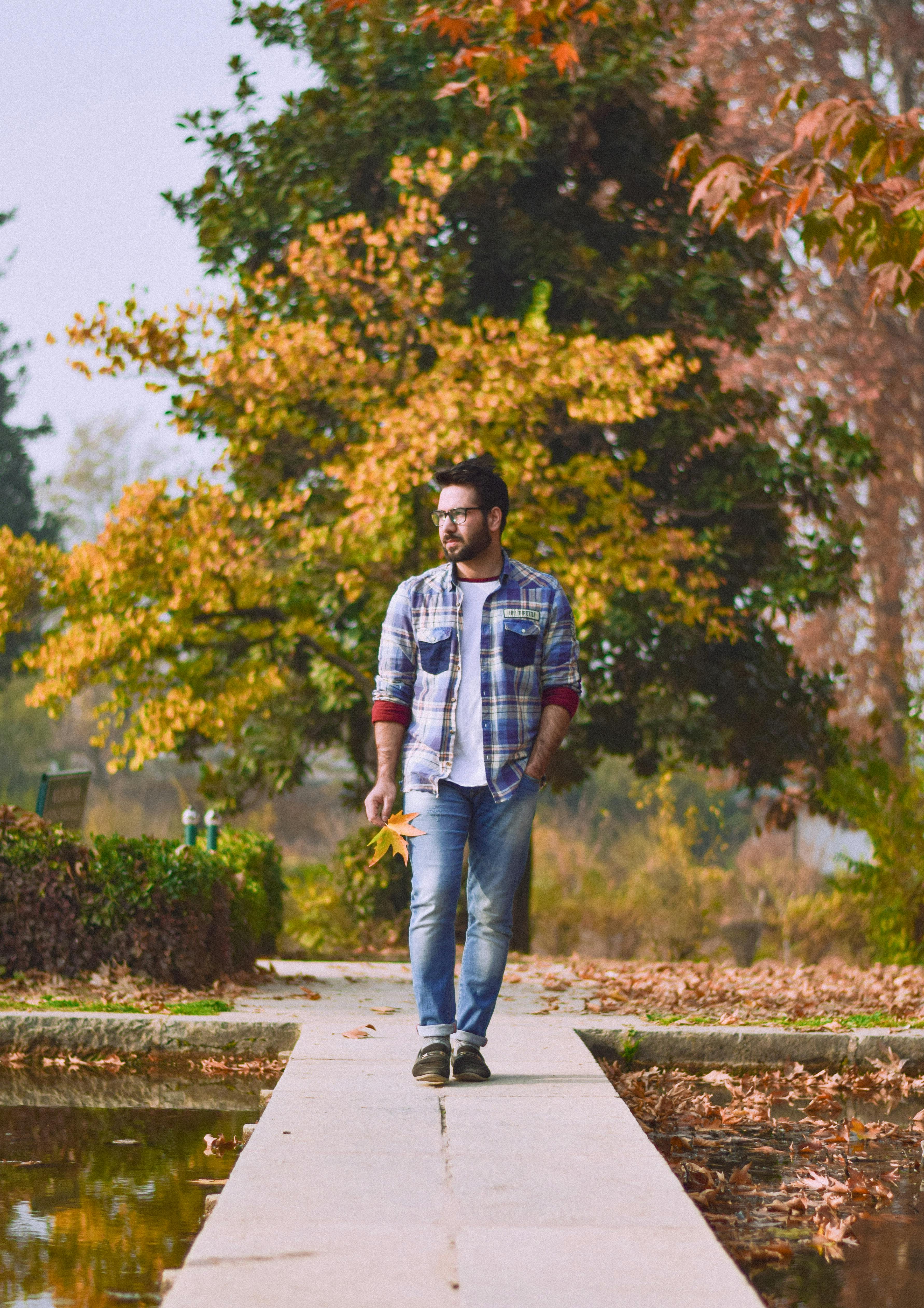Man Walking on Path across Pond in Autumn Park · Free Stock Photo