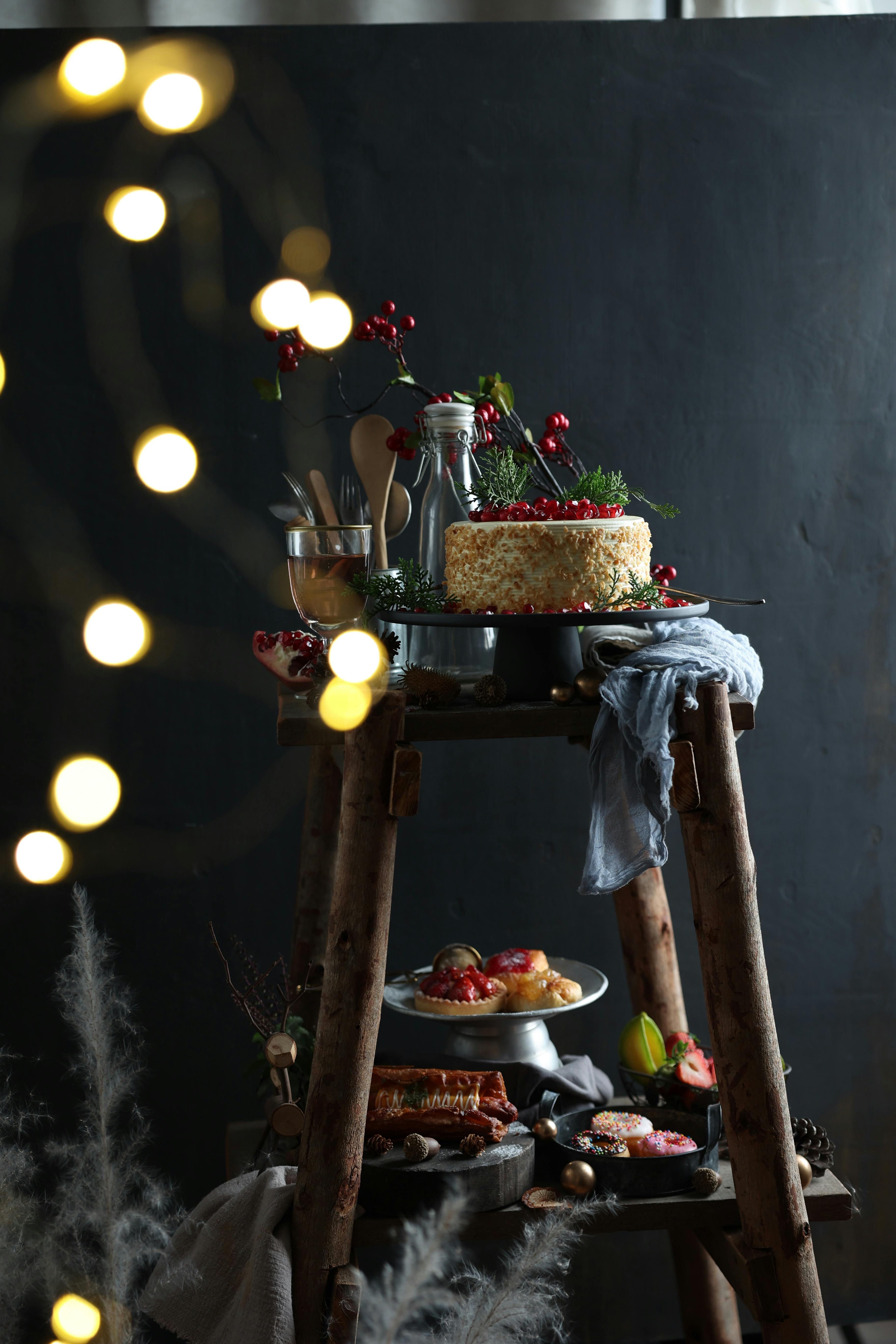 Various Cakes on a Wooden Stool · Free Stock Photo