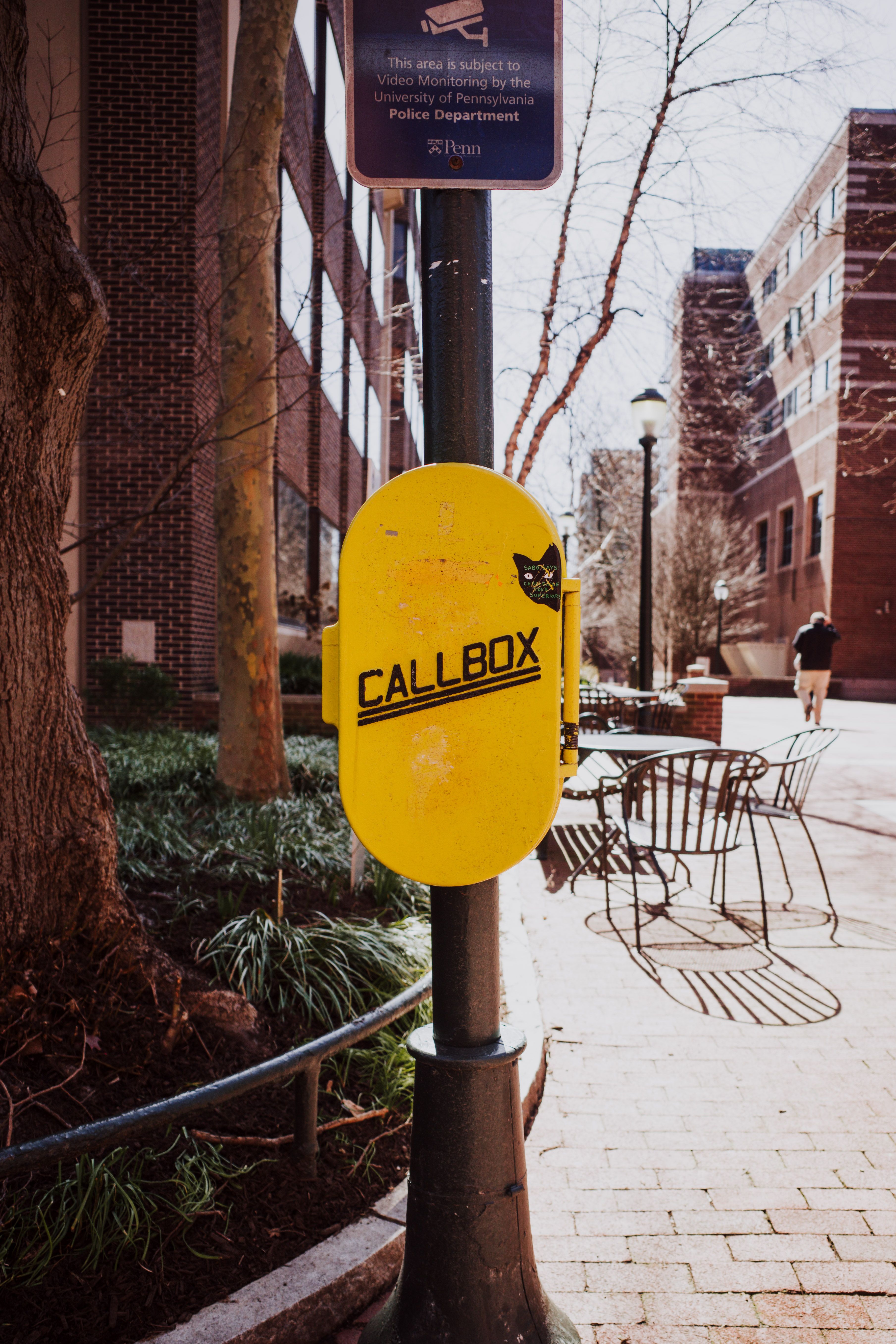 A yellow sign on a pole with a black and white image · Free Stock Photo