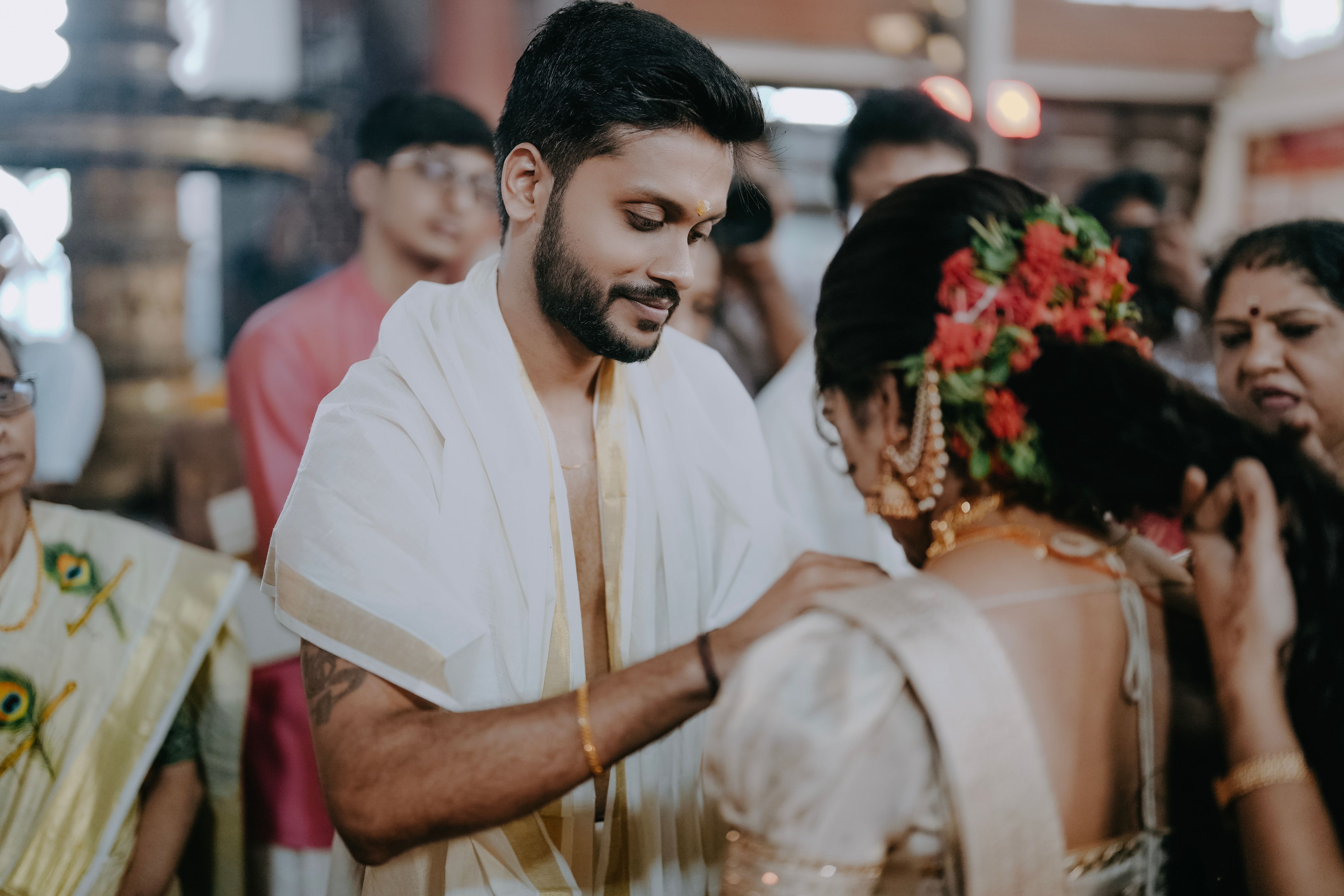 Newlywed Couple and Guests at a Traditional Indian Wedding Ceremony ...