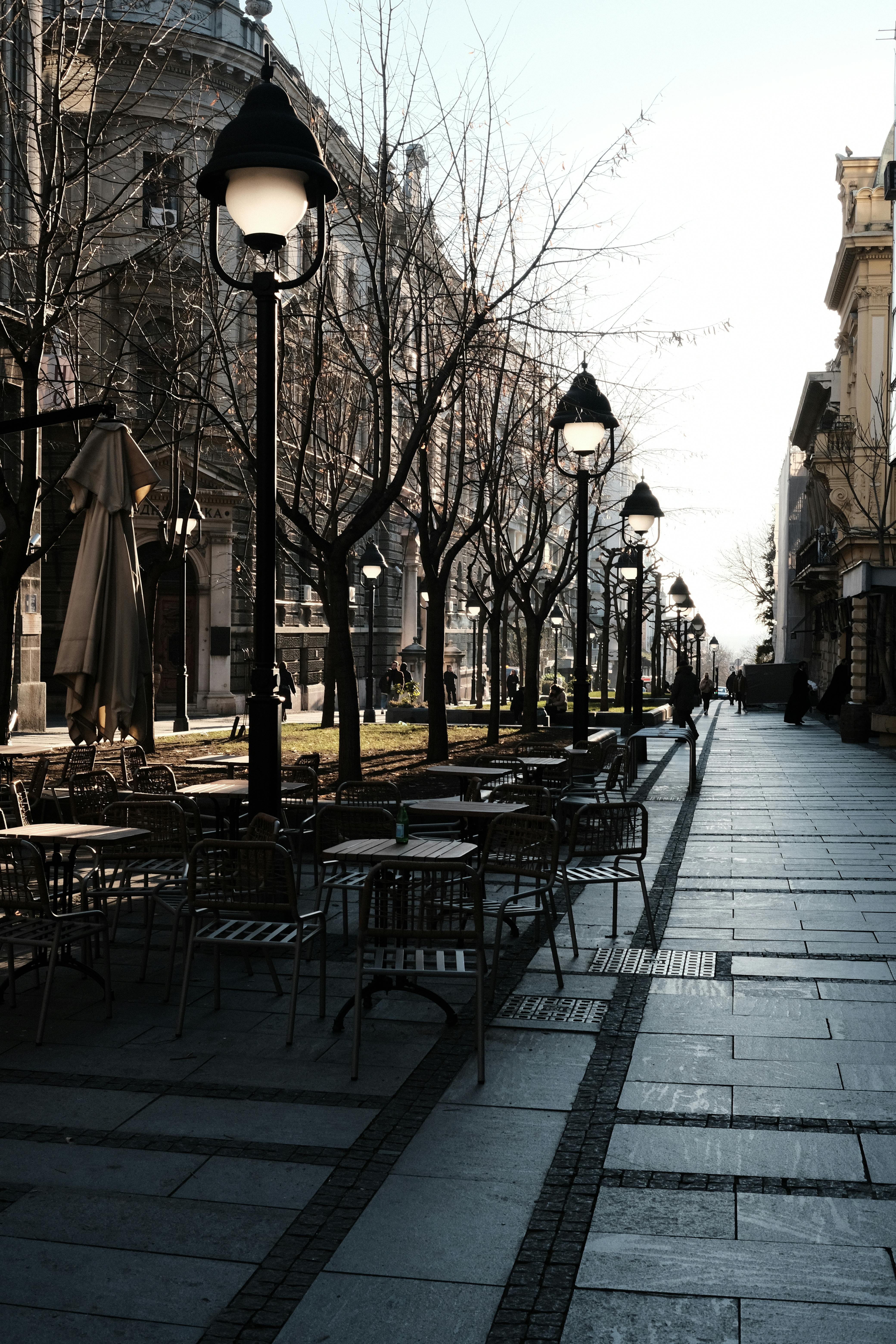 Empty promenade with benches and lanterns · Free Stock Photo