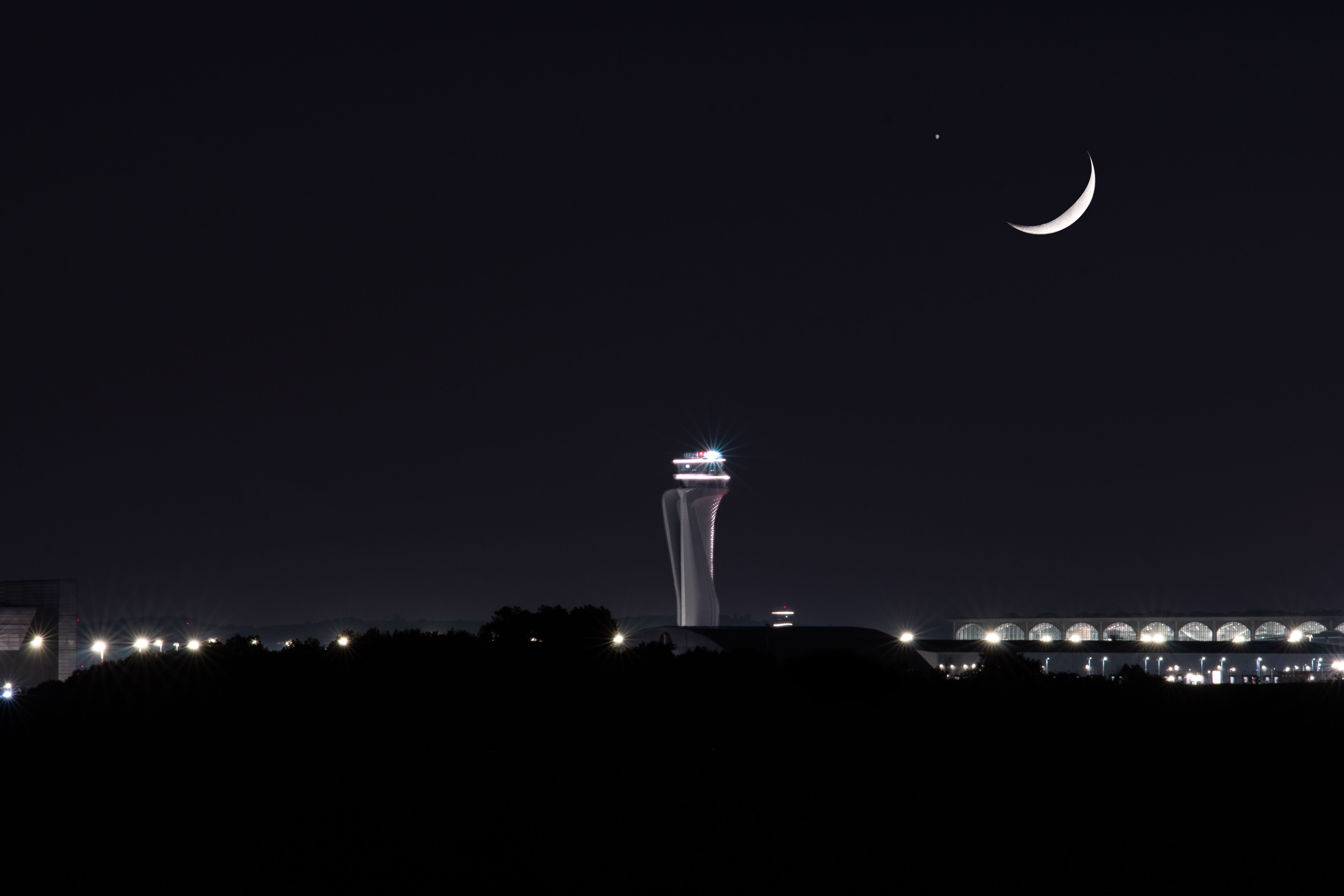 Crescent over Air Traffic Control Tower at Night · Free Stock Photo